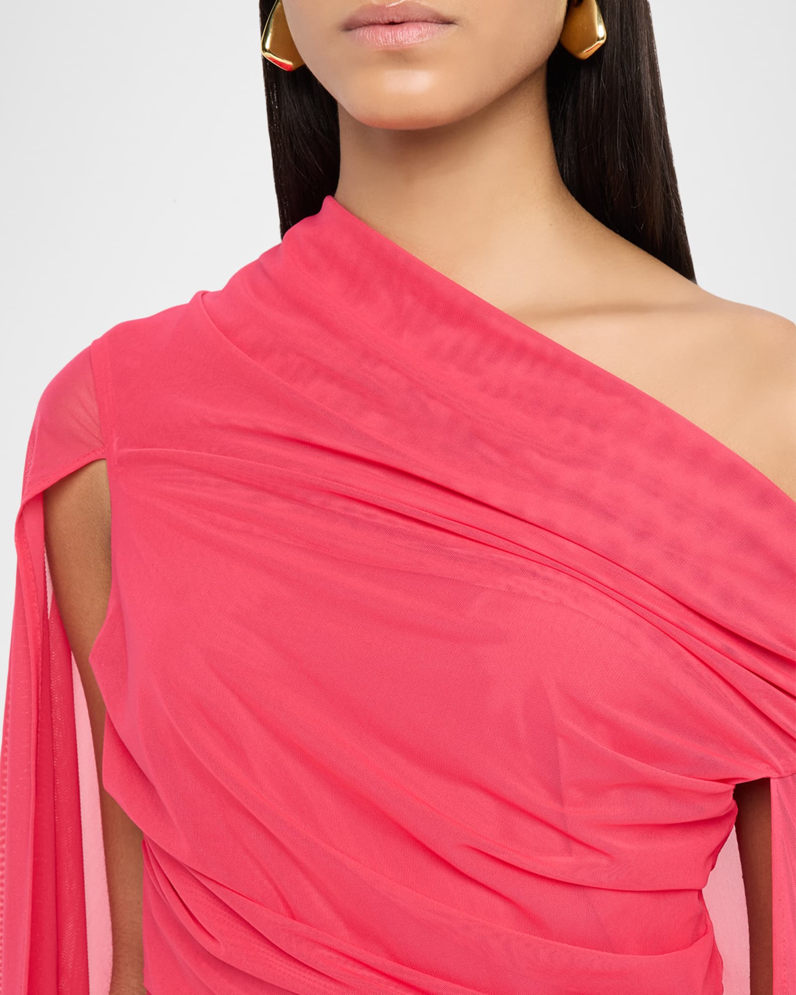Talbot Runhof Ruched Off-The-Shoulder Mesh Cape Gown | Neiman Marcus