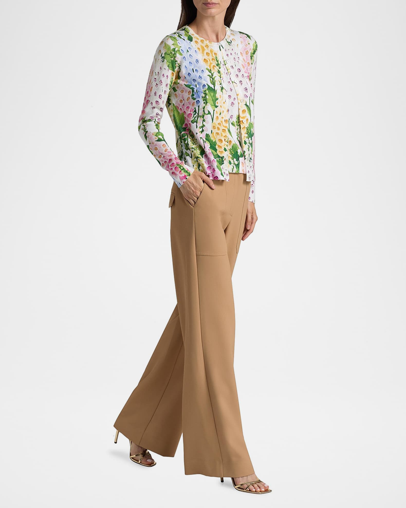 Oscar de la Renta Multi-Color Foxgloves Printed Crewneck Cardigan ...