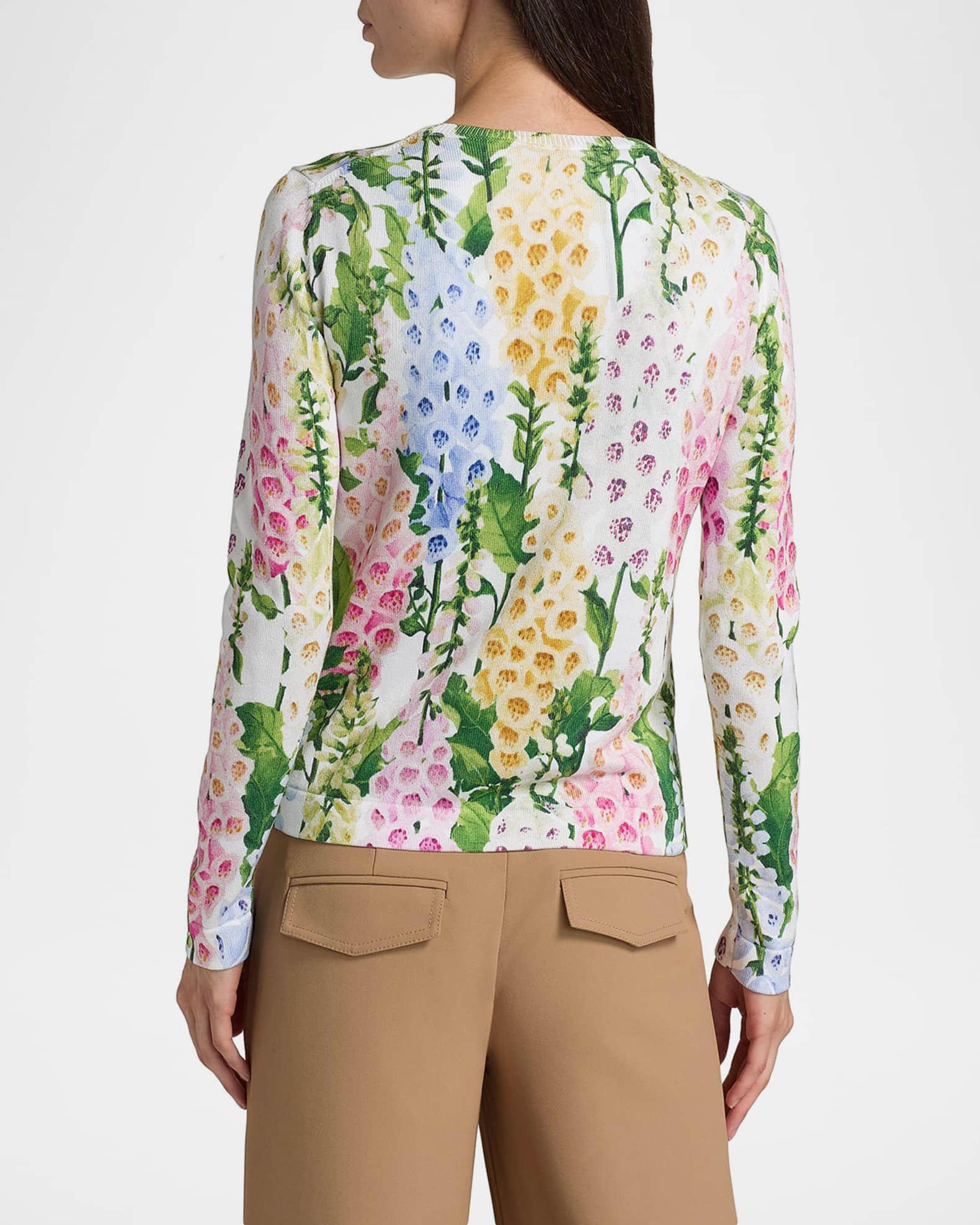 Oscar de la Renta Multi-Color Foxgloves Printed Crewneck Cardigan ...