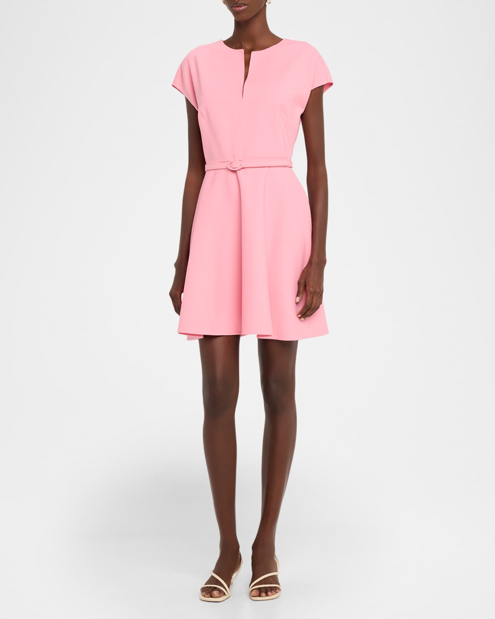 Oscar de la Renta Short-Sleeve Split-Neck Belted Mini Dress | Neiman Marcus
