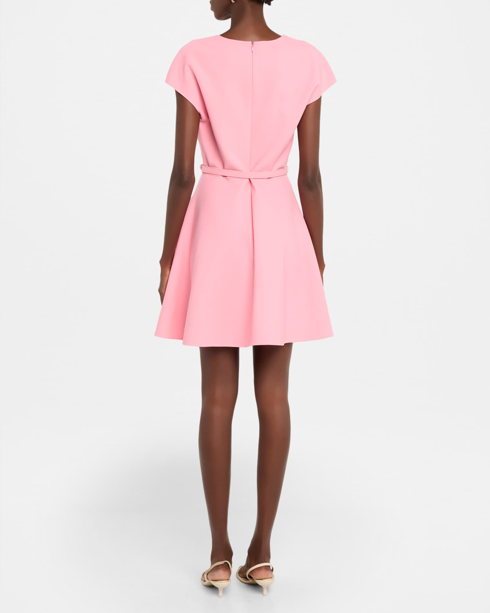 Oscar de la Renta Short-Sleeve Split-Neck Belted Mini Dress | Neiman Marcus
