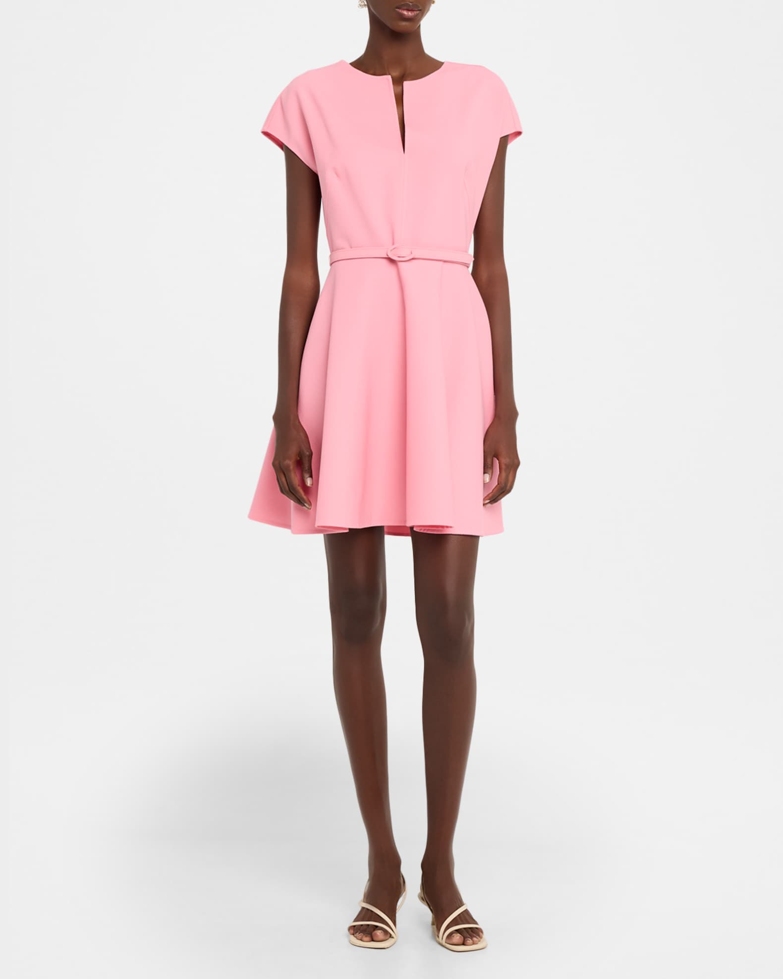 Oscar de la Renta Short-Sleeve Split-Neck Belted Mini Dress | Neiman Marcus