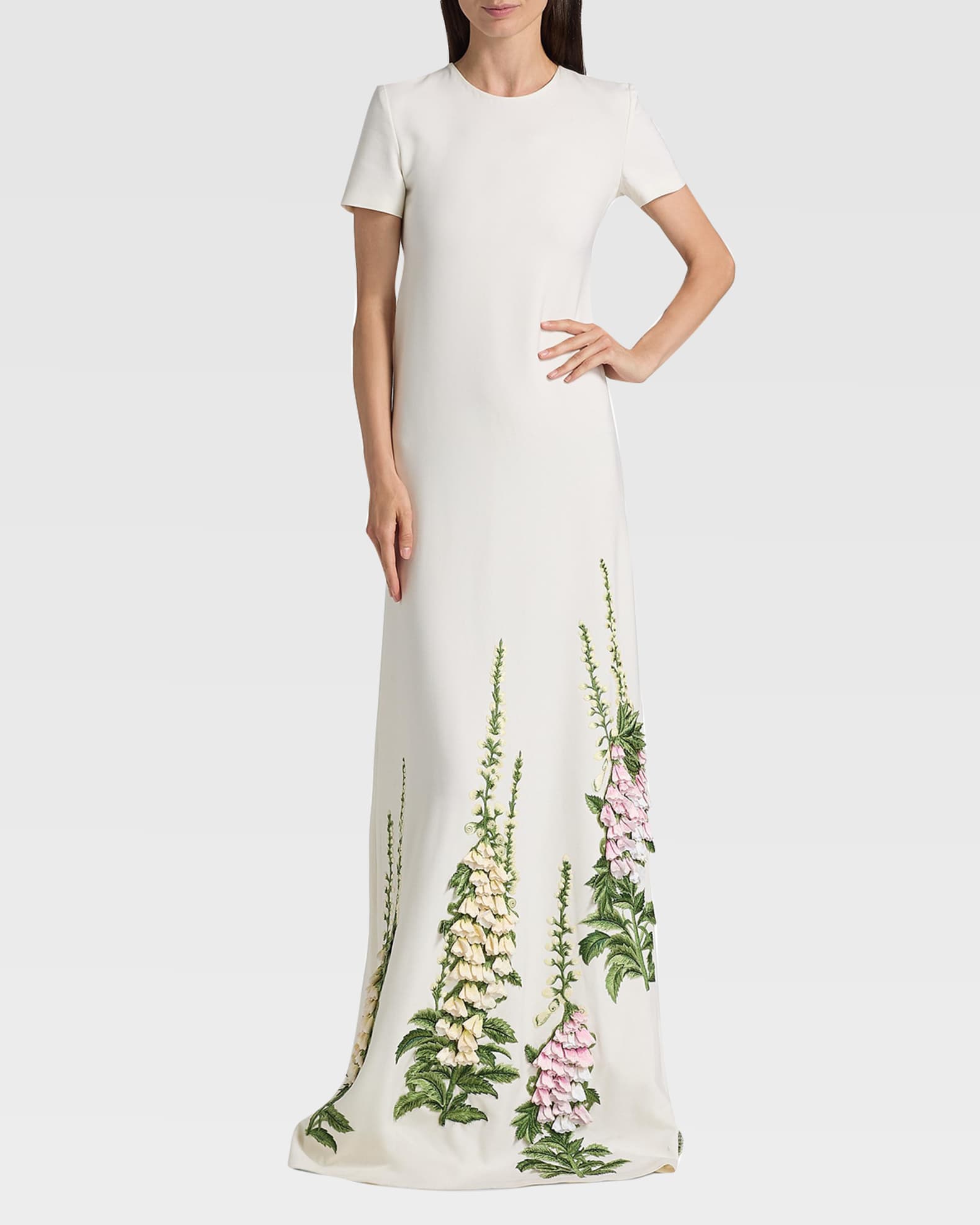 Oscar de la Renta Cap-Sleeve Foxglove Embroidered Maxi Caftan Dress ...