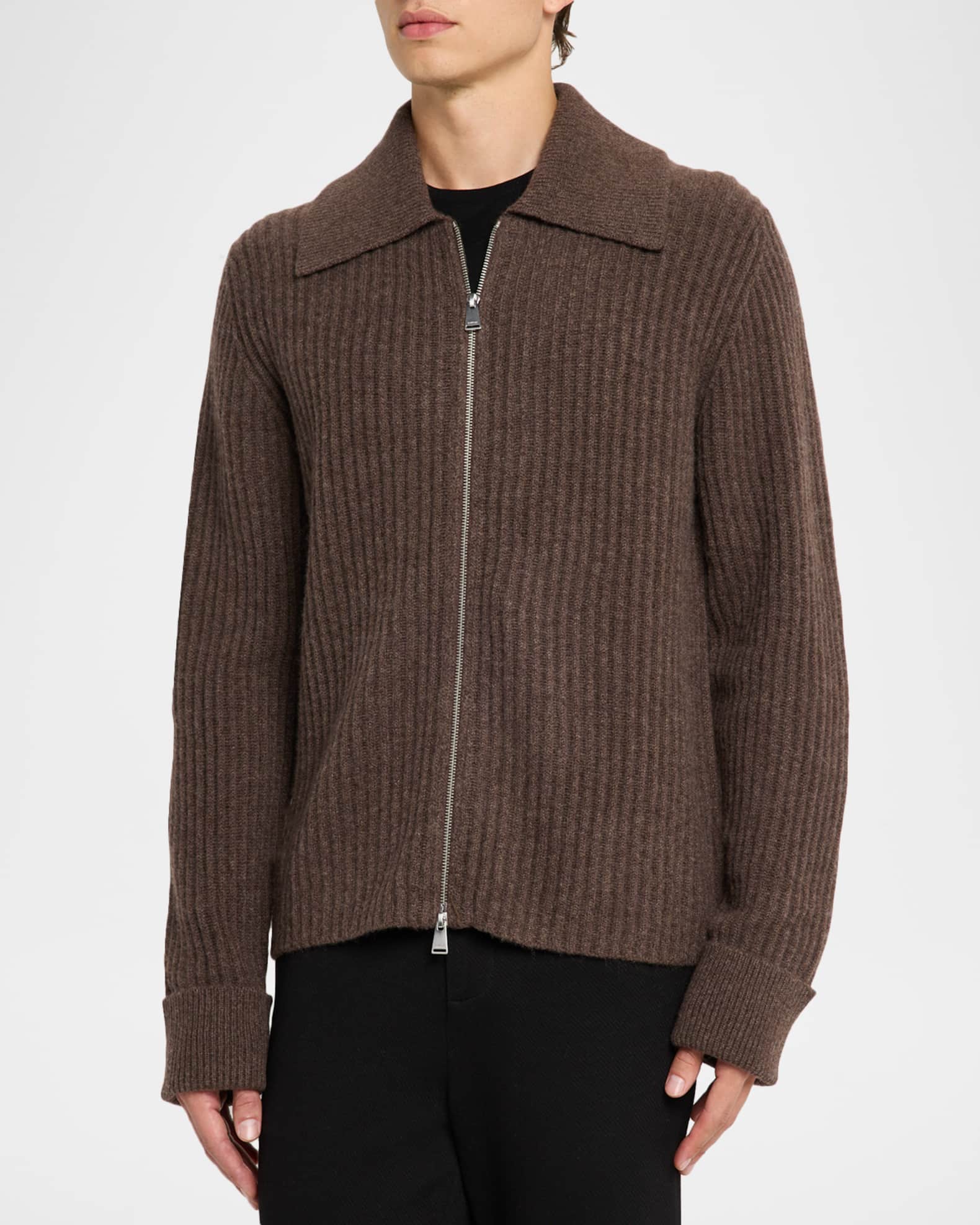 SIMKHAI Men's Klaus Cashmere Ribbed Full-Zip Sweater | Neiman Marcus