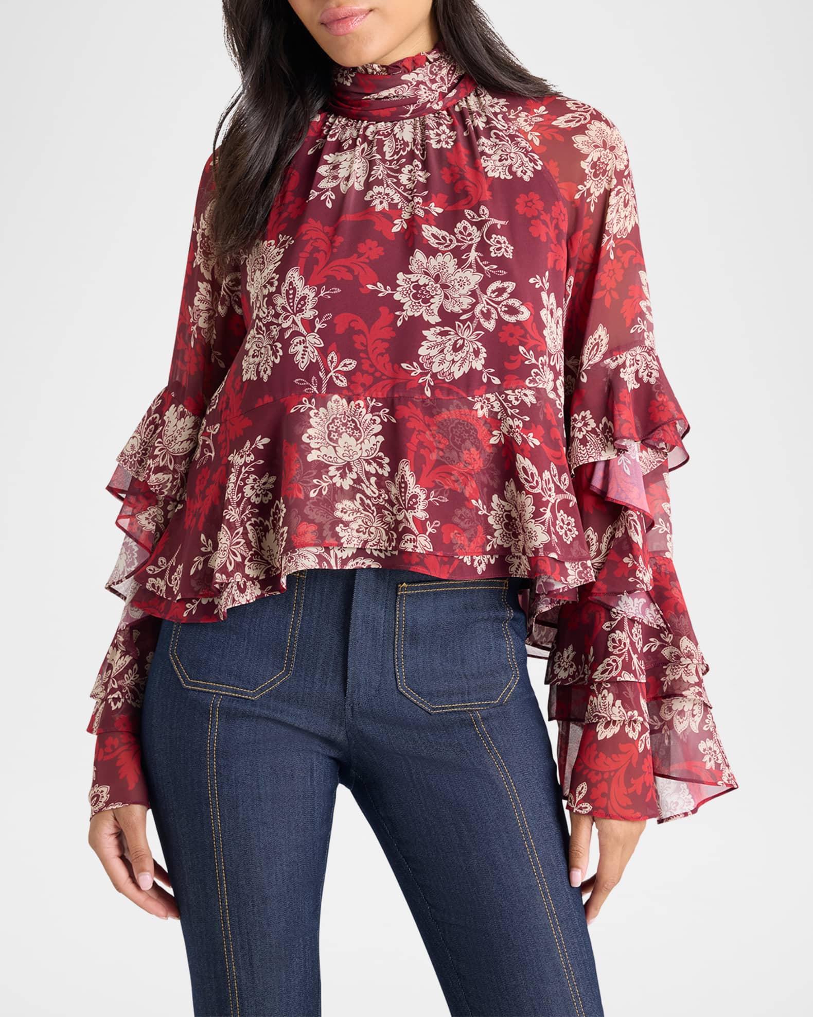 Cinq a Sept Gilded Paisley Tiered Ruffle-Sleeve Blouse | Neiman Marcus
