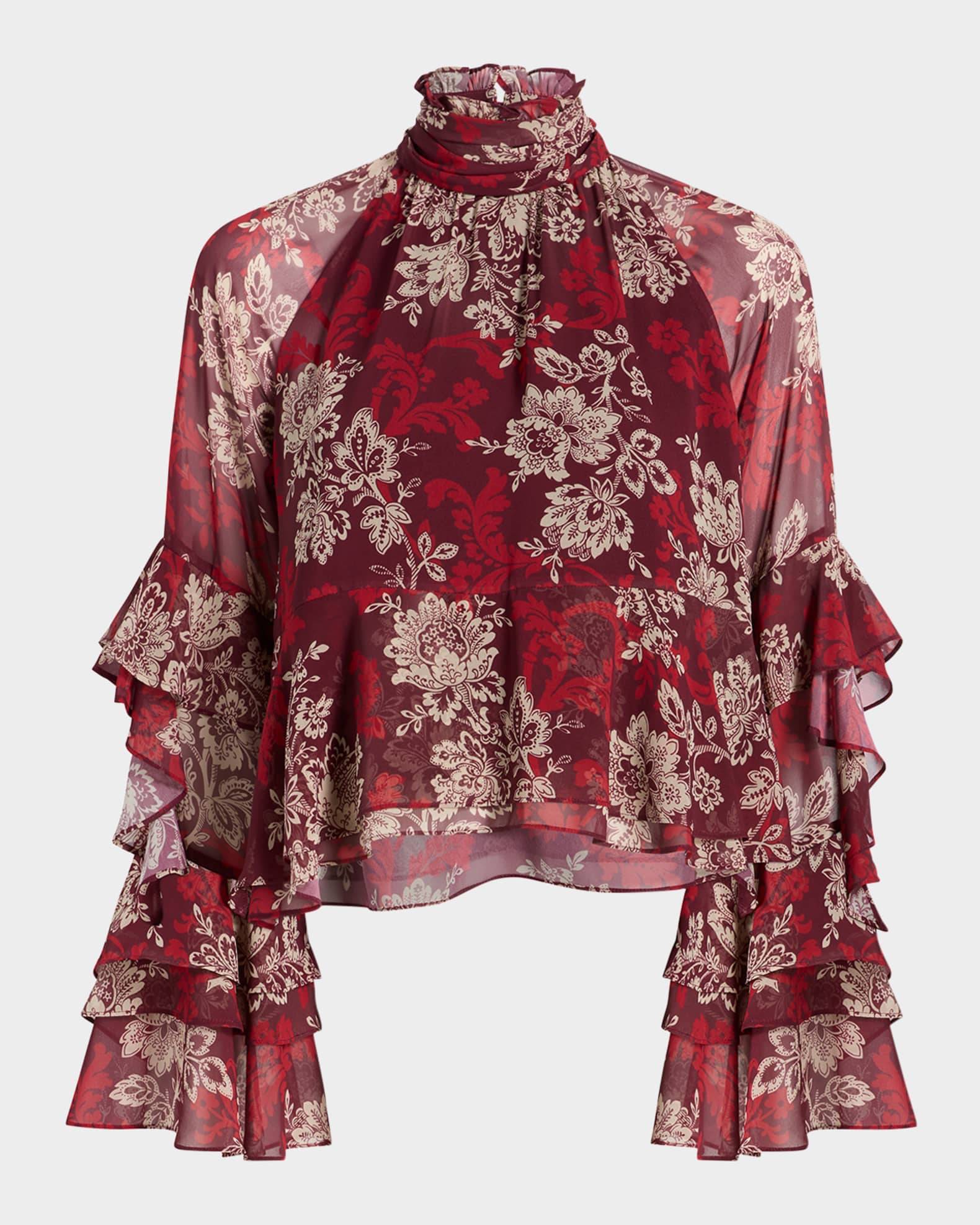 Cinq a Sept Gilded Paisley Tiered Ruffle-Sleeve Blouse | Neiman Marcus