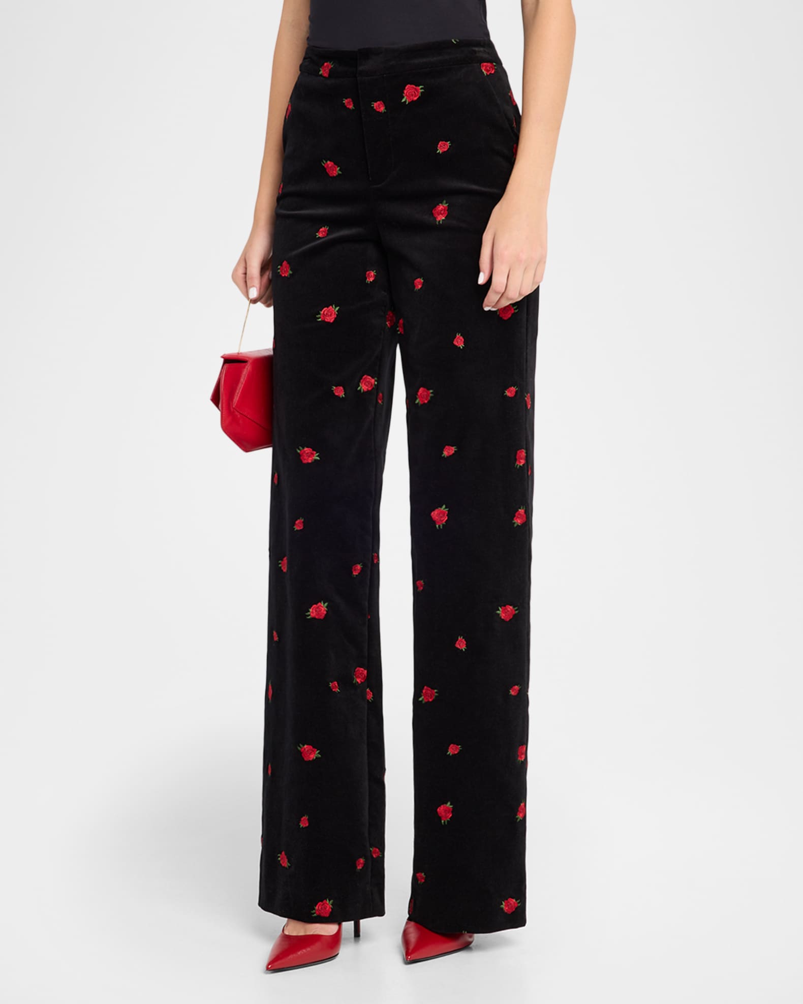 L'Agence Rose Embroidered Livvy Straight-Leg Velvet Pants | Neiman Marcus