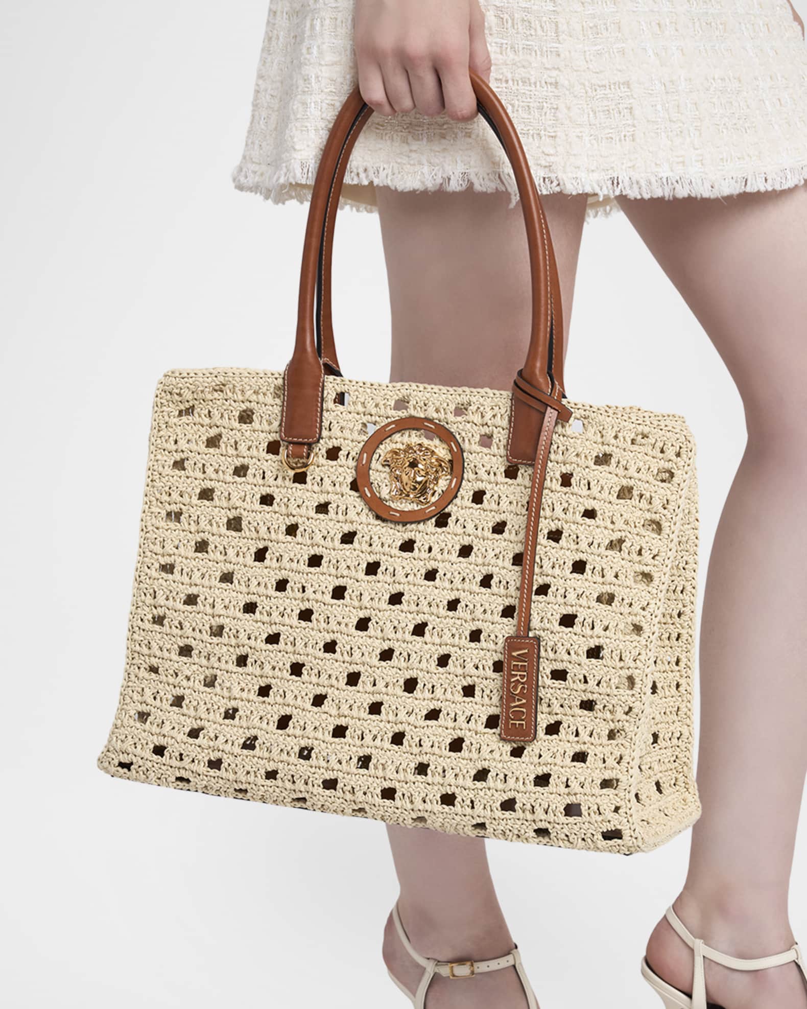Versace La Medusa Large Crochet Raffia Tote Bag | Neiman Marcus