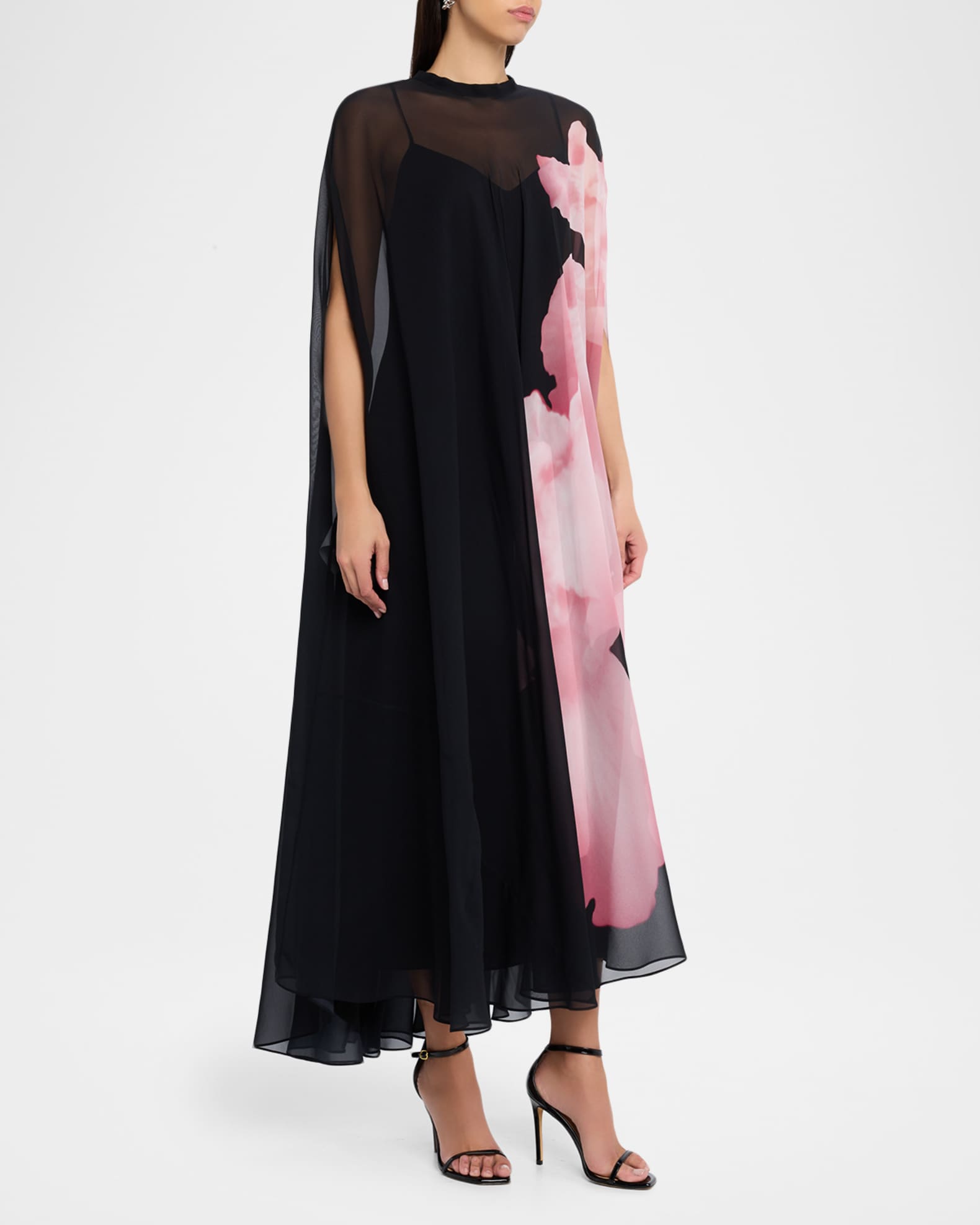 Alberta Ferretti Flower Silk Georgette High-Low Cape Gown | Neiman Marcus