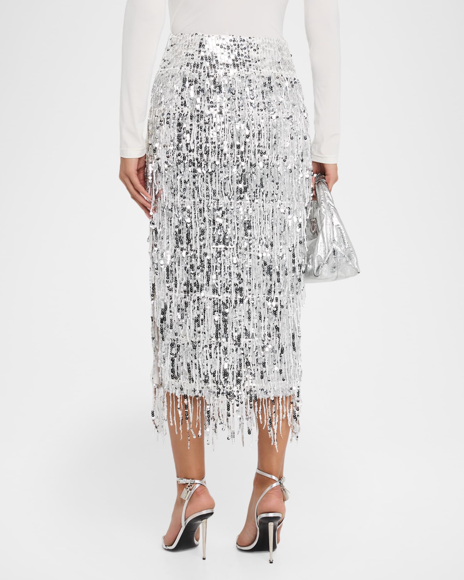 Milly Roxanne Fringe Sequin Midi Skirt | Neiman Marcus