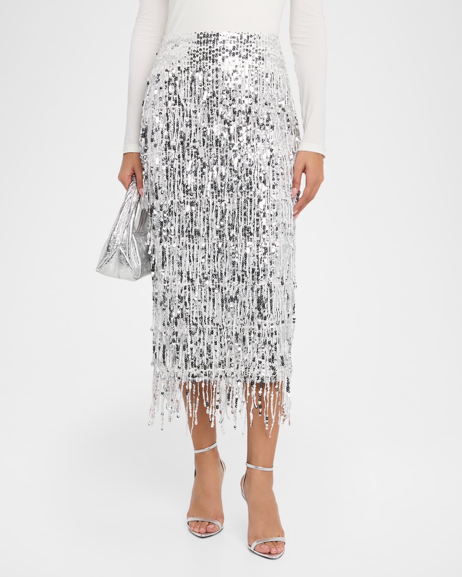 Milly Roxanne Fringe Sequin Midi Skirt | Neiman Marcus