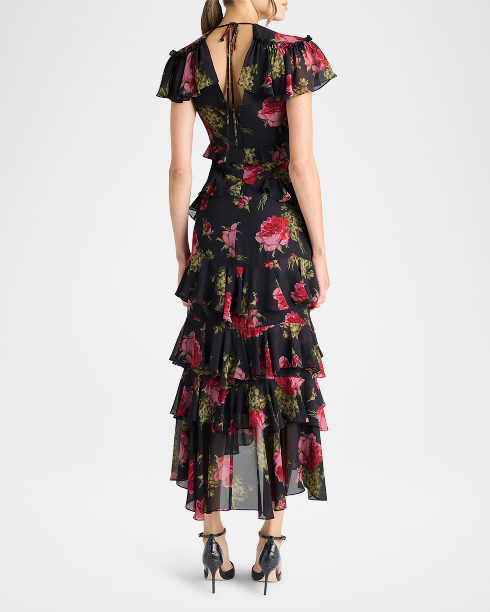 Cinq a Sept Baroque Roses Tatum Tiered Ruffle Midi Dress | Neiman Marcus