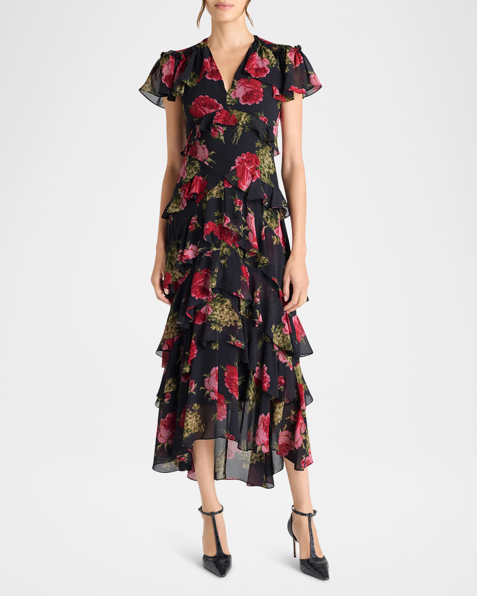 Cinq a Sept Baroque Roses Tatum Tiered Ruffle Midi Dress | Neiman Marcus