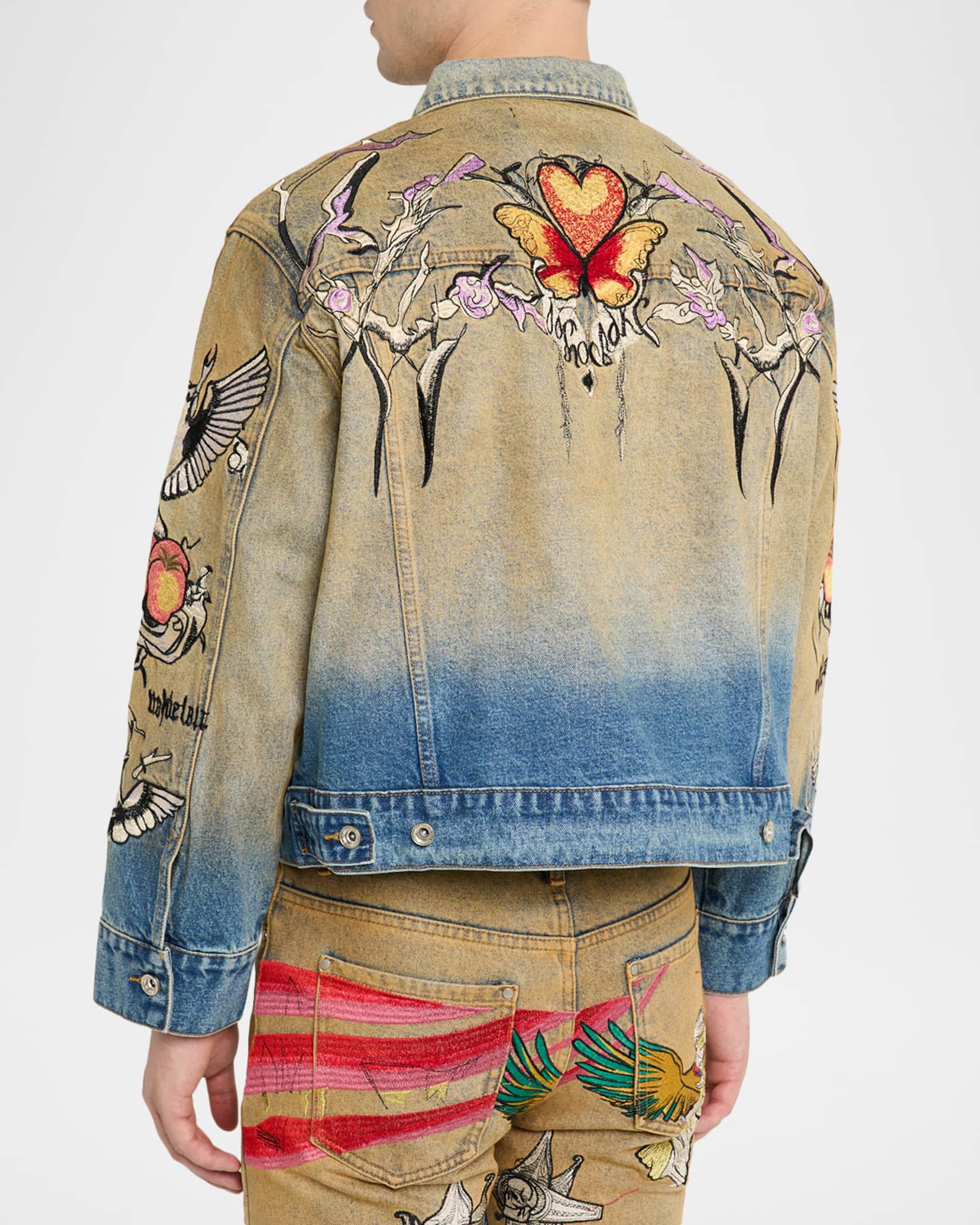 WHO DECIDES WAR Men's Dove Embroidered Denim Trucker Jacket | Neiman Marcus
