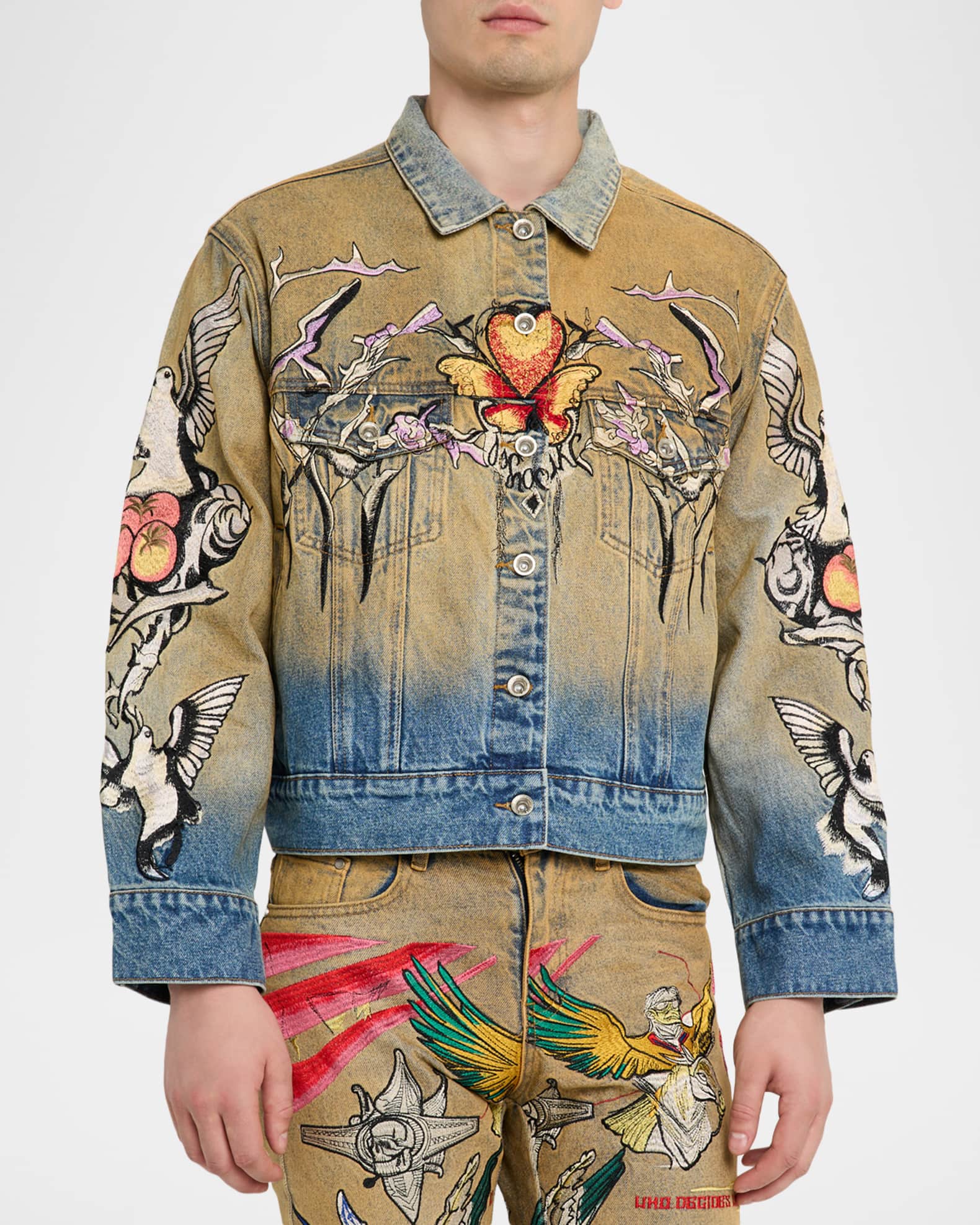 WHO DECIDES WAR Men's Dove Embroidered Denim Trucker Jacket | Neiman Marcus