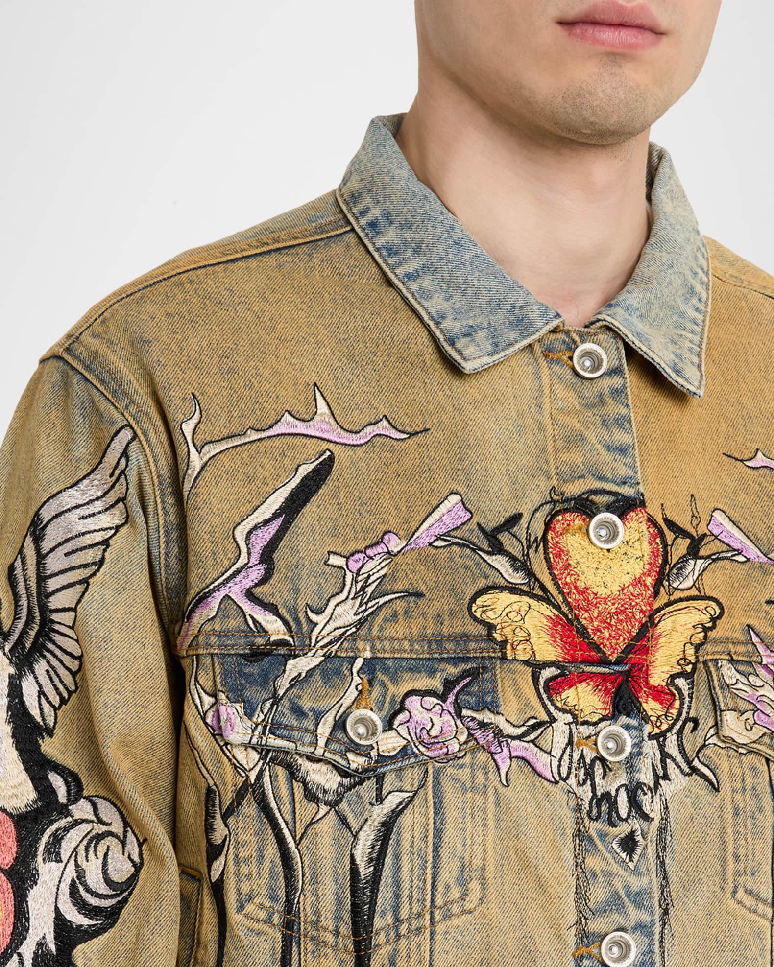 WHO DECIDES WAR Men's Dove Embroidered Denim Trucker Jacket | Neiman Marcus