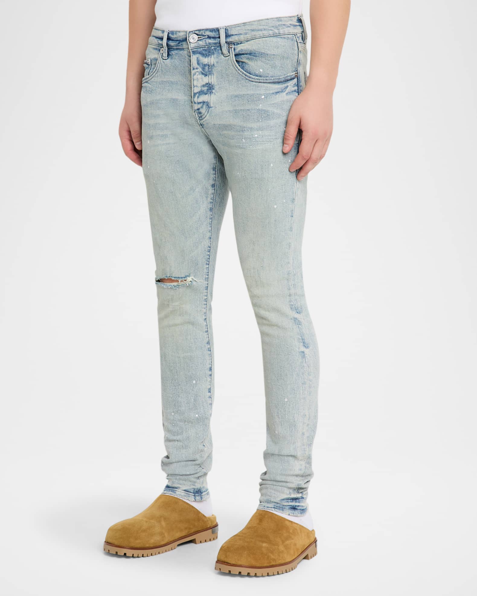 PURPLE Men's Distressed Skinny Jeans | Neiman Marcus