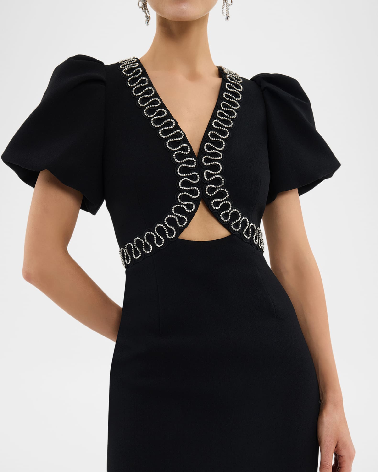 REBECCA VALLANCE Nyx Puff-Sleeve Diamante Cutout Midi Dress | Neiman Marcus