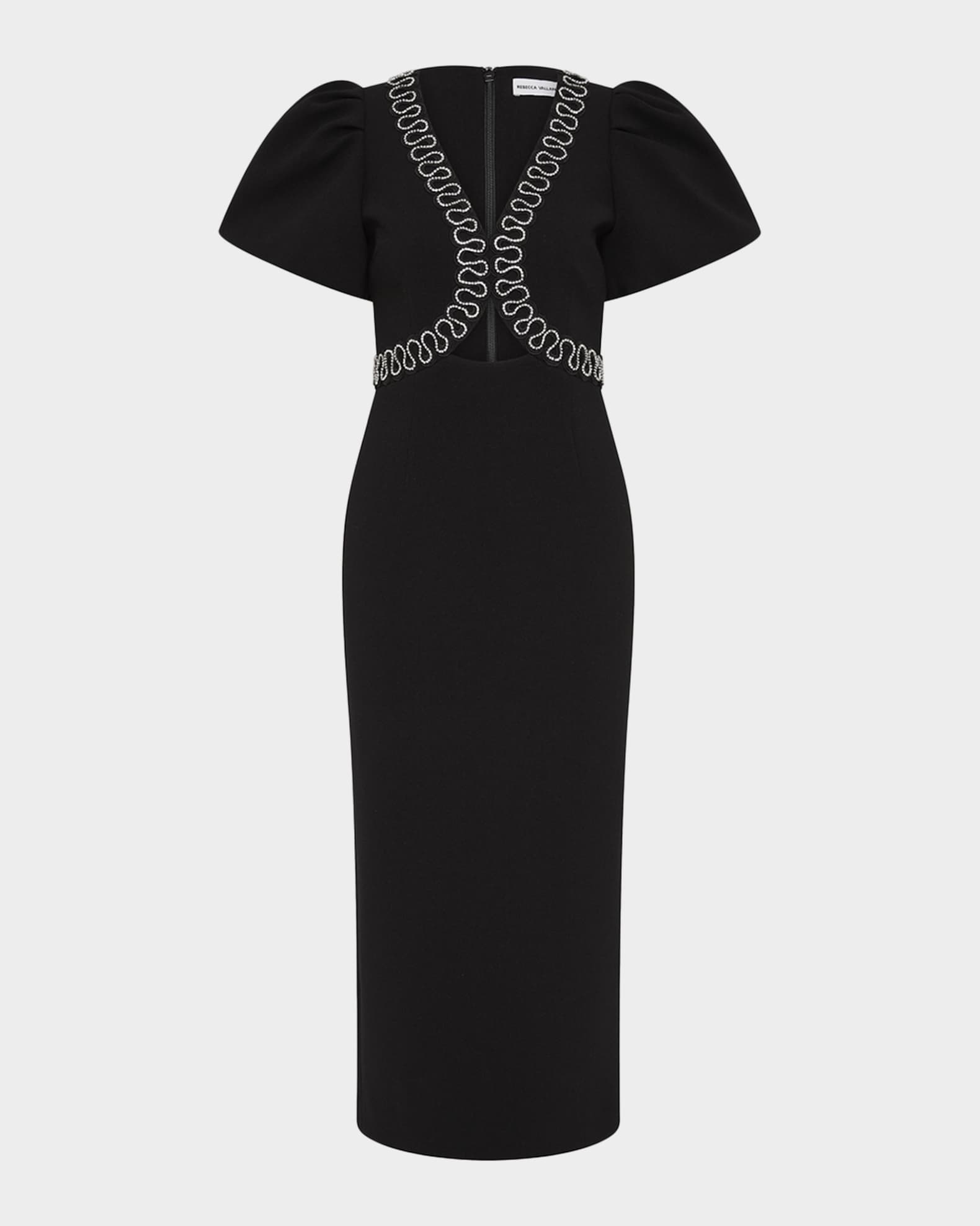 REBECCA VALLANCE Nyx Puff-Sleeve Diamante Cutout Midi Dress | Neiman Marcus