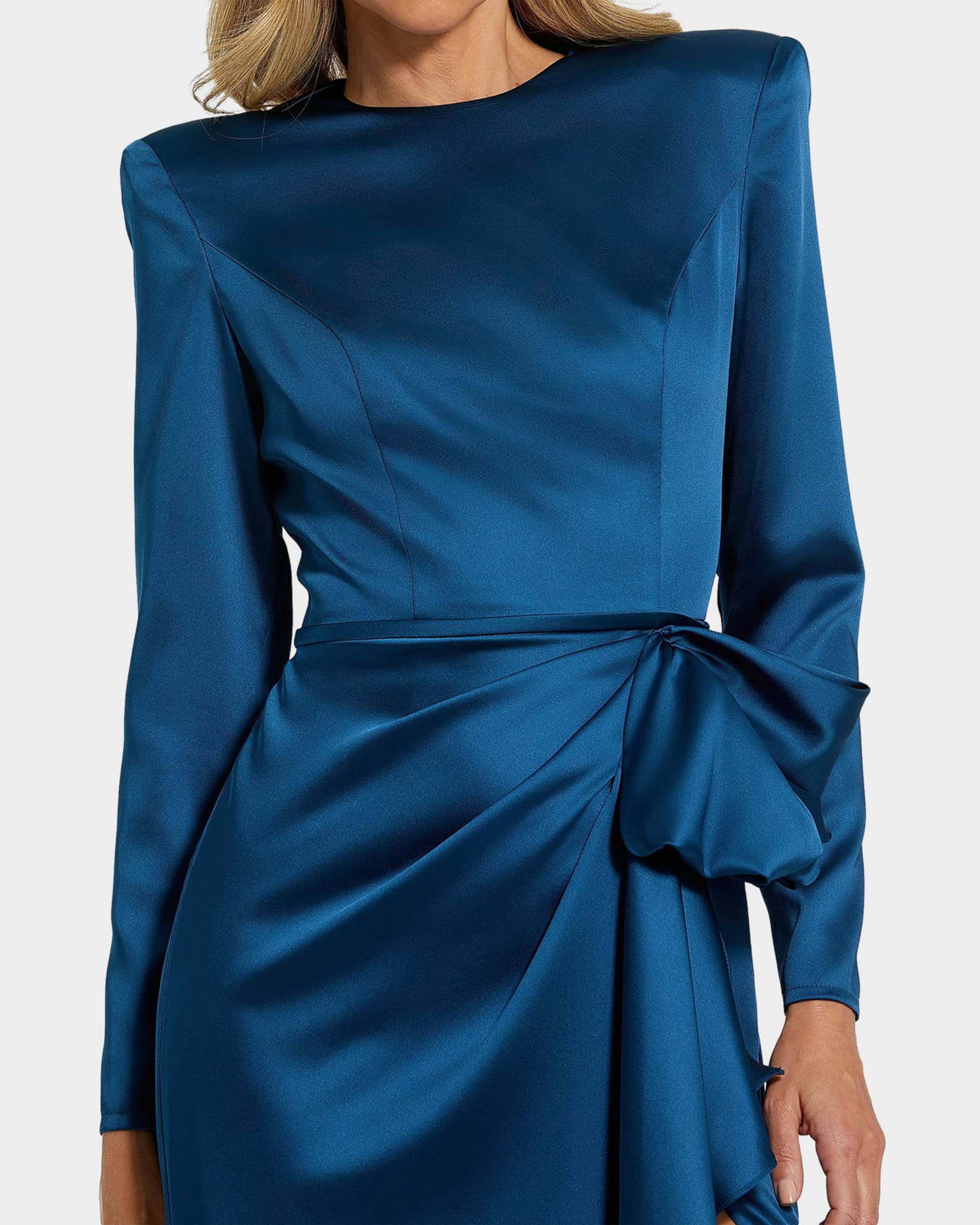 Mac Duggal Draped Side-Slit Satin Column Gown | Neiman Marcus