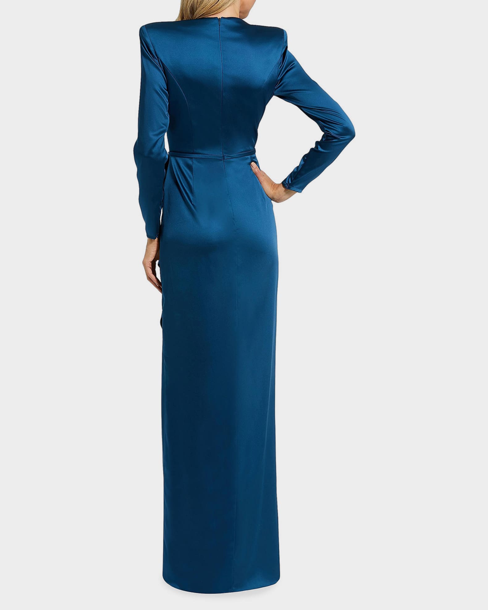 Mac Duggal Draped Side-Slit Satin Column Gown | Neiman Marcus