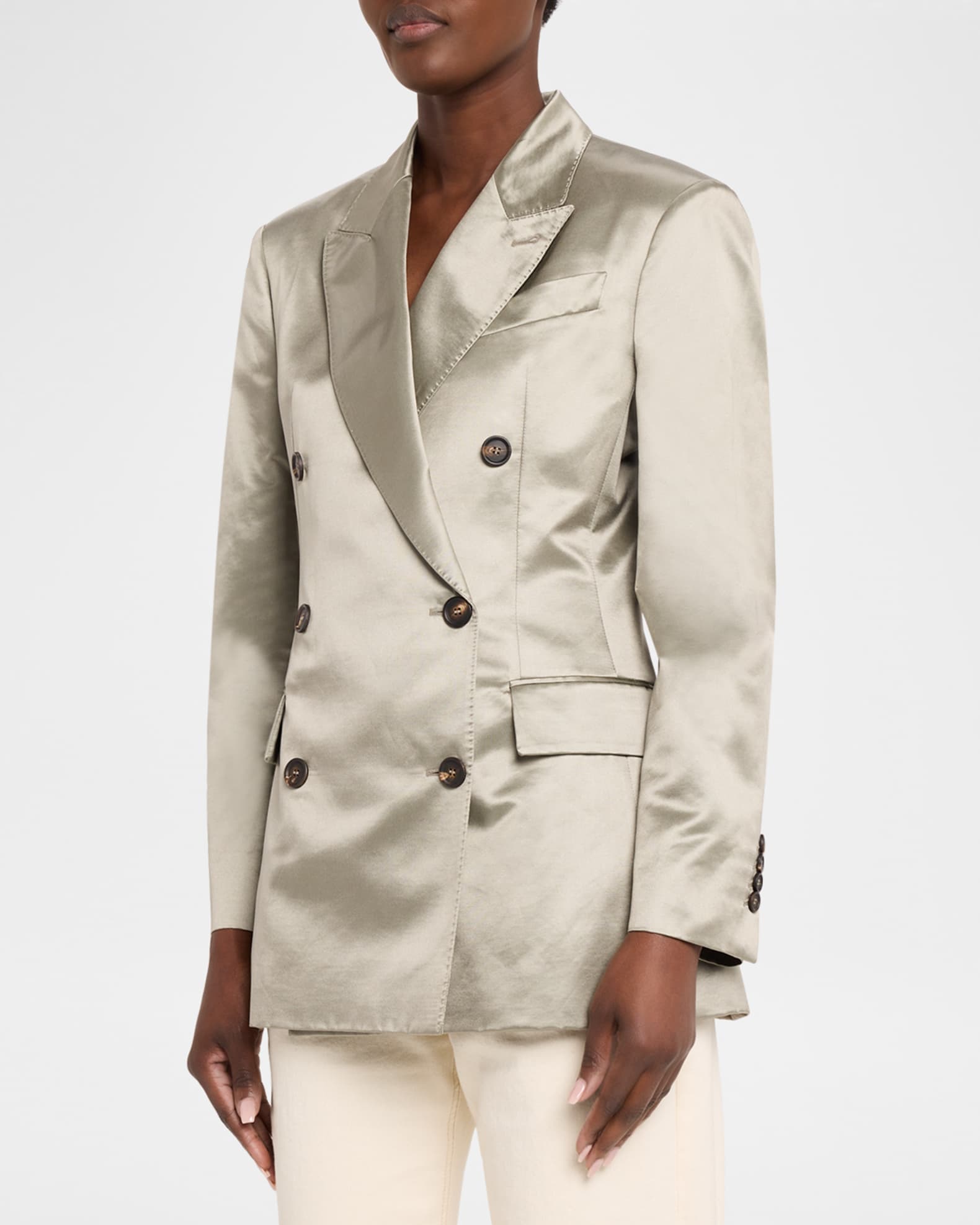 Brunello Cucinelli Cotton-Silk Satin Double-Breasted Blazer Jacket ...