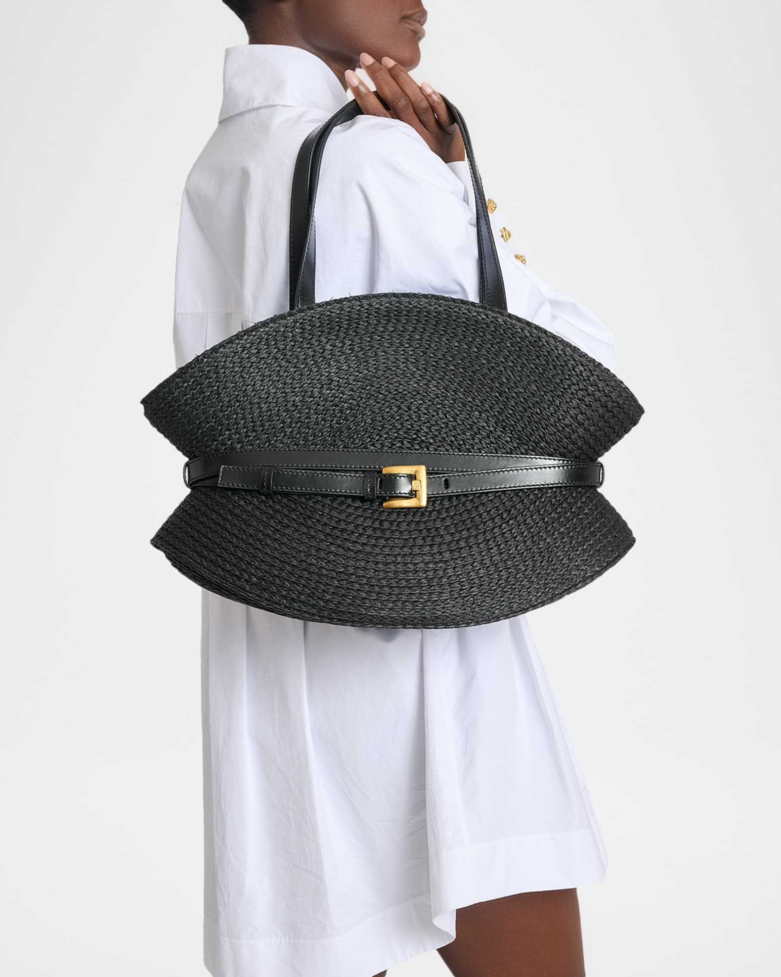 Balmain Shuffle Medium Belted Faux Raffia Tote Bag | Neiman Marcus