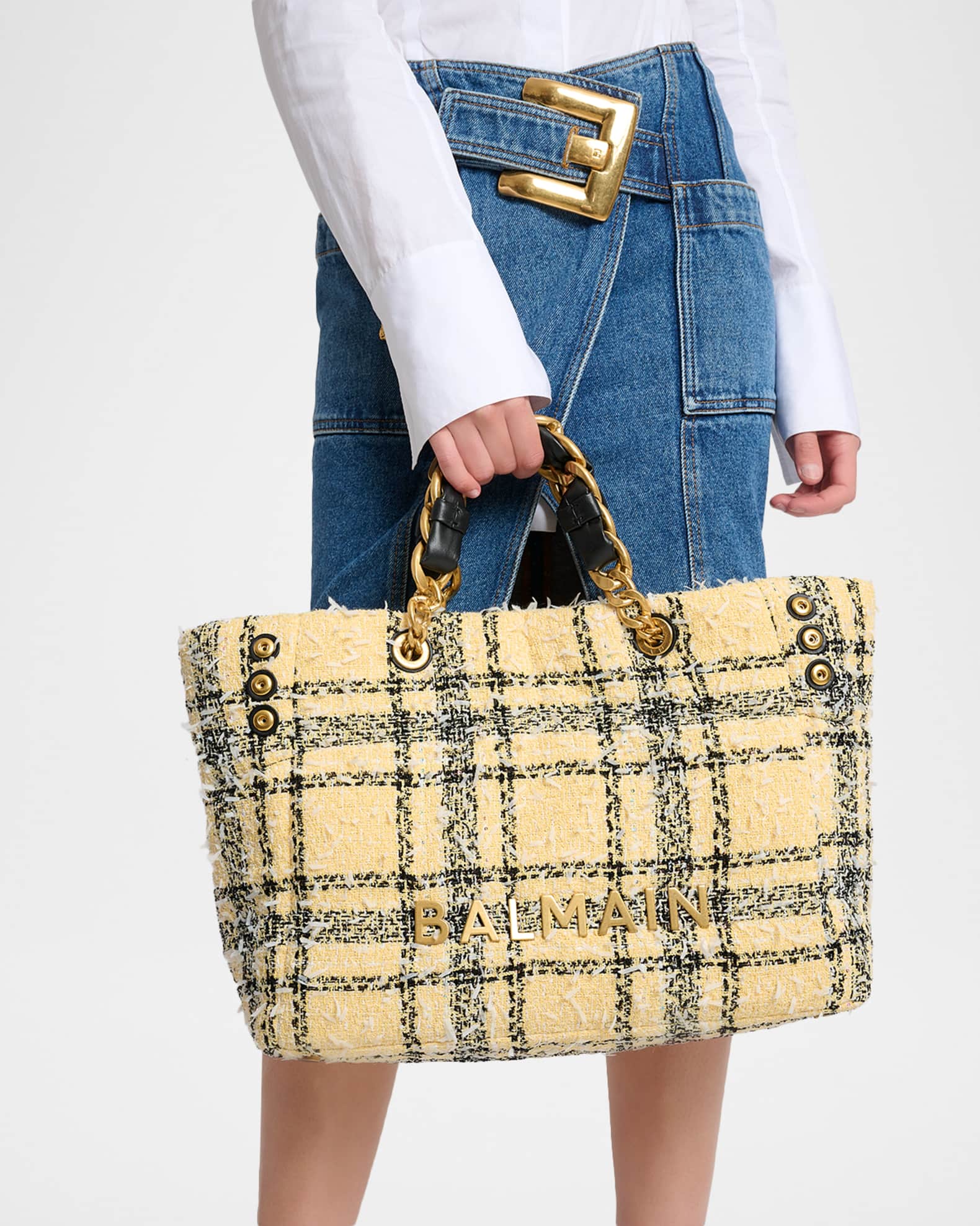 Balmain 1945 Tote Bag in Plaid Tweed | Neiman Marcus
