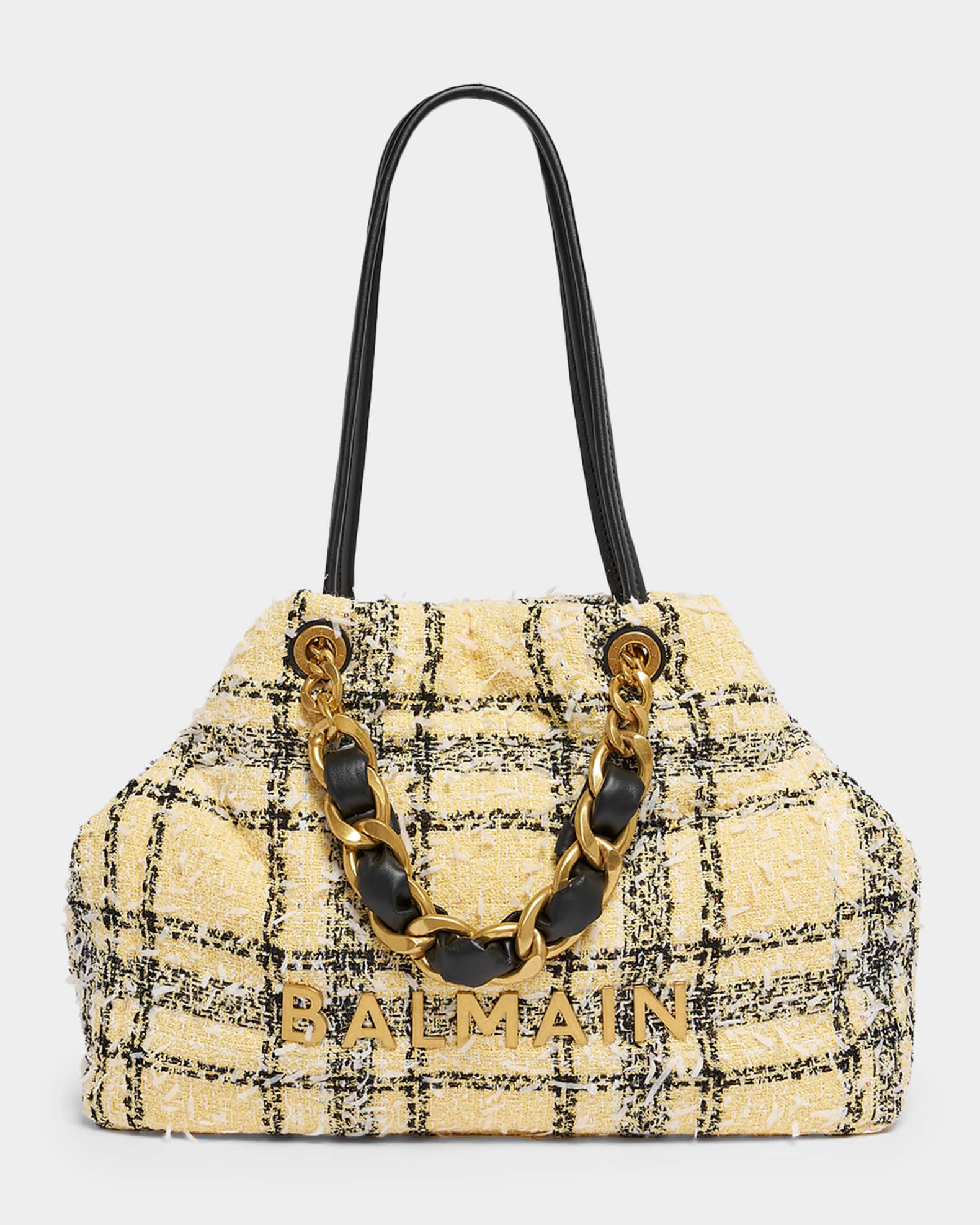 Balmain 1945 Tote Bag in Plaid Tweed | Neiman Marcus