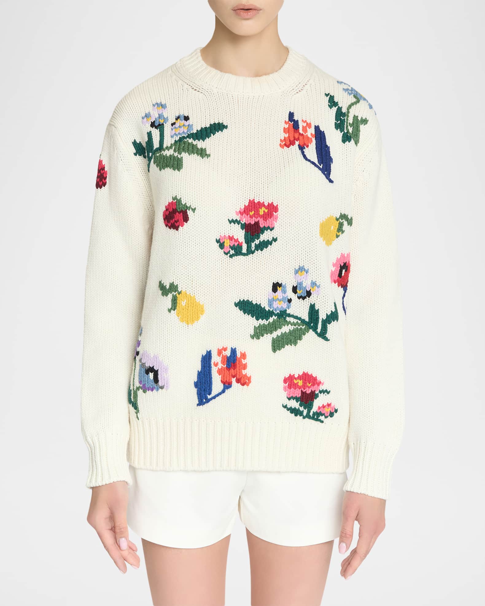 Malo Dalia Embroidered Crewneck Cashmere Sweater | Neiman Marcus
