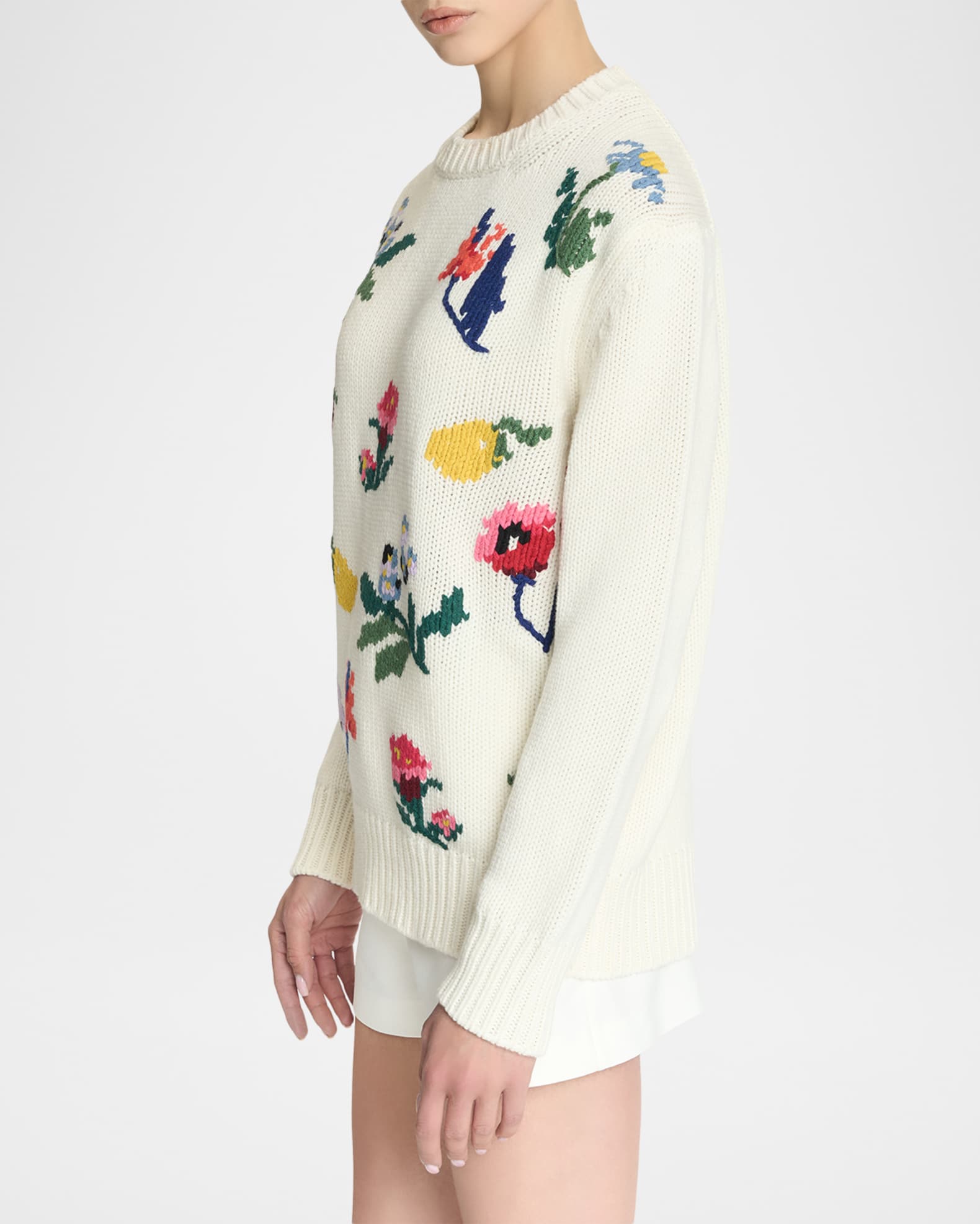 Malo Dalia Embroidered Crewneck Cashmere Sweater | Neiman Marcus
