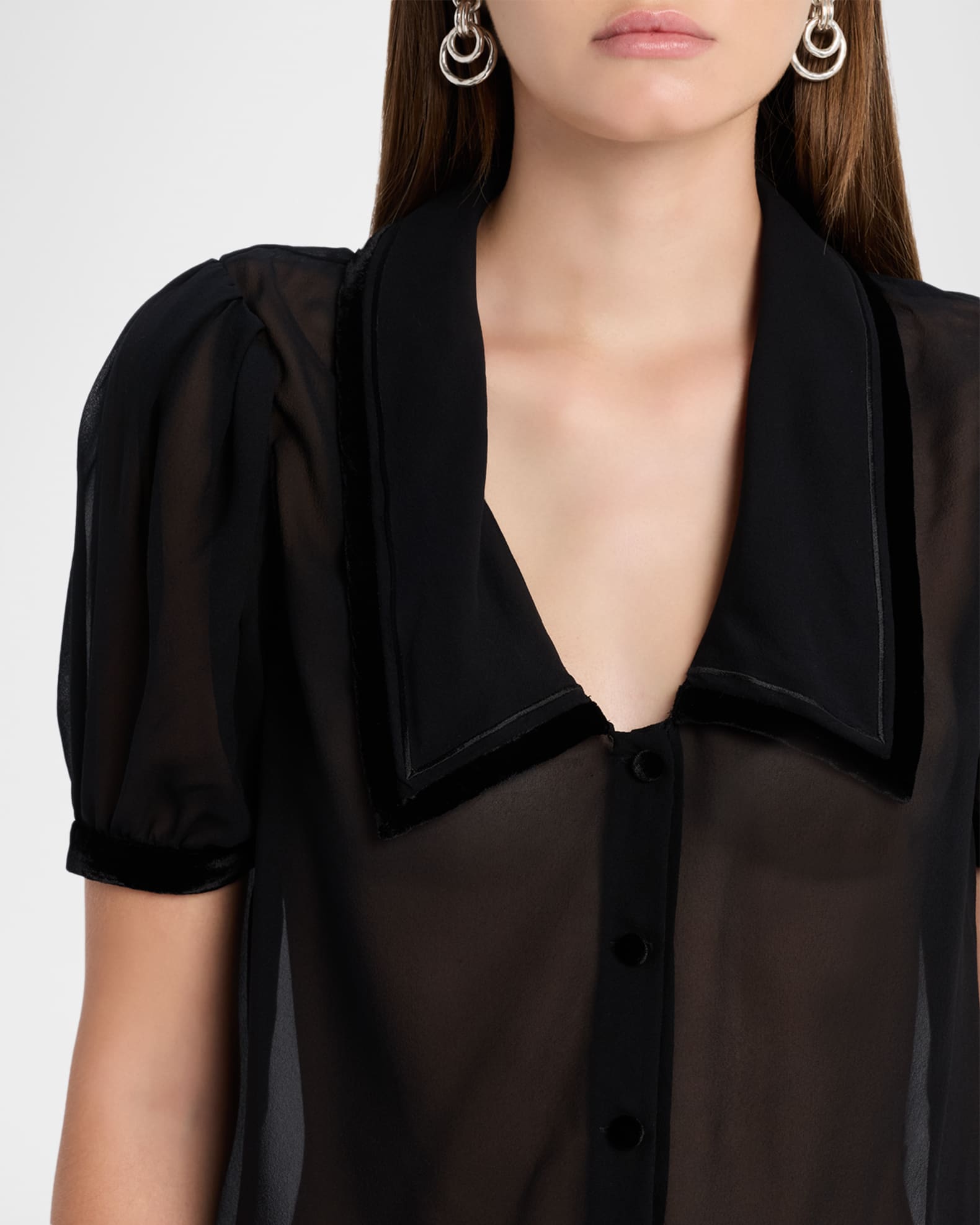 FRAME Modern Velvet-Trim Silk Blouse | Neiman Marcus