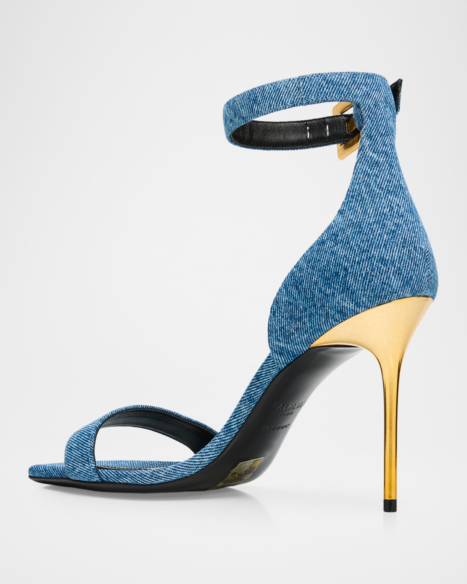 Balmain 100mm Anthem Denim Ankle-Strap Sandals | Neiman Marcus