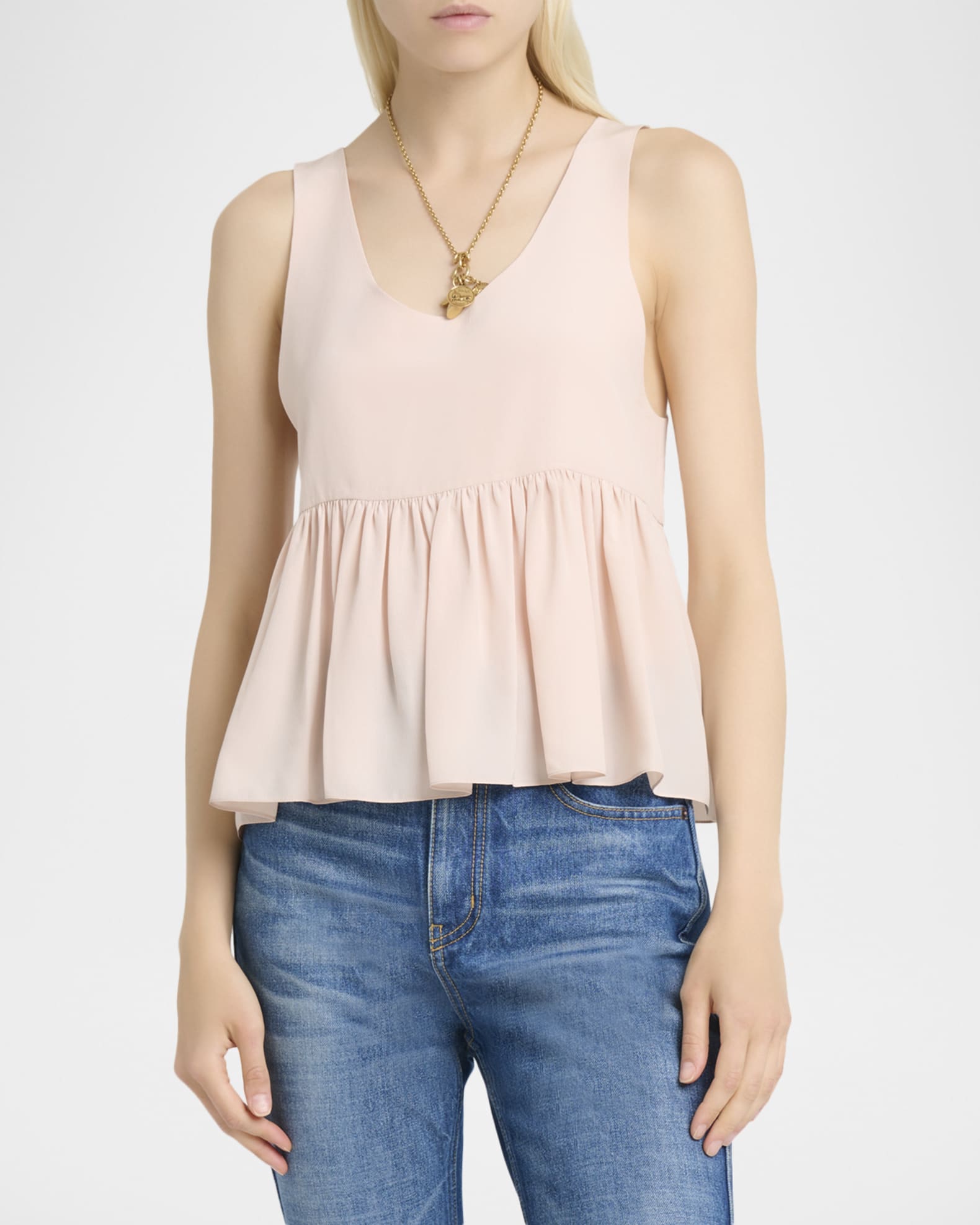 Chloe Gathered Silk Crepe De Chine Peplum Tank Top | Neiman Marcus