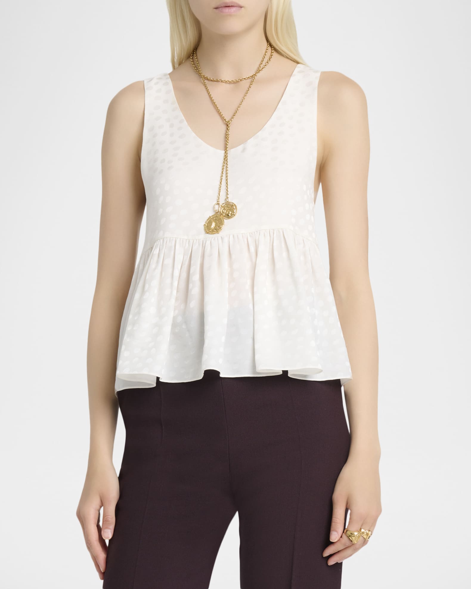 Chloe Dot Silk Jacquard Sleeveless Peplum Blouse | Neiman Marcus