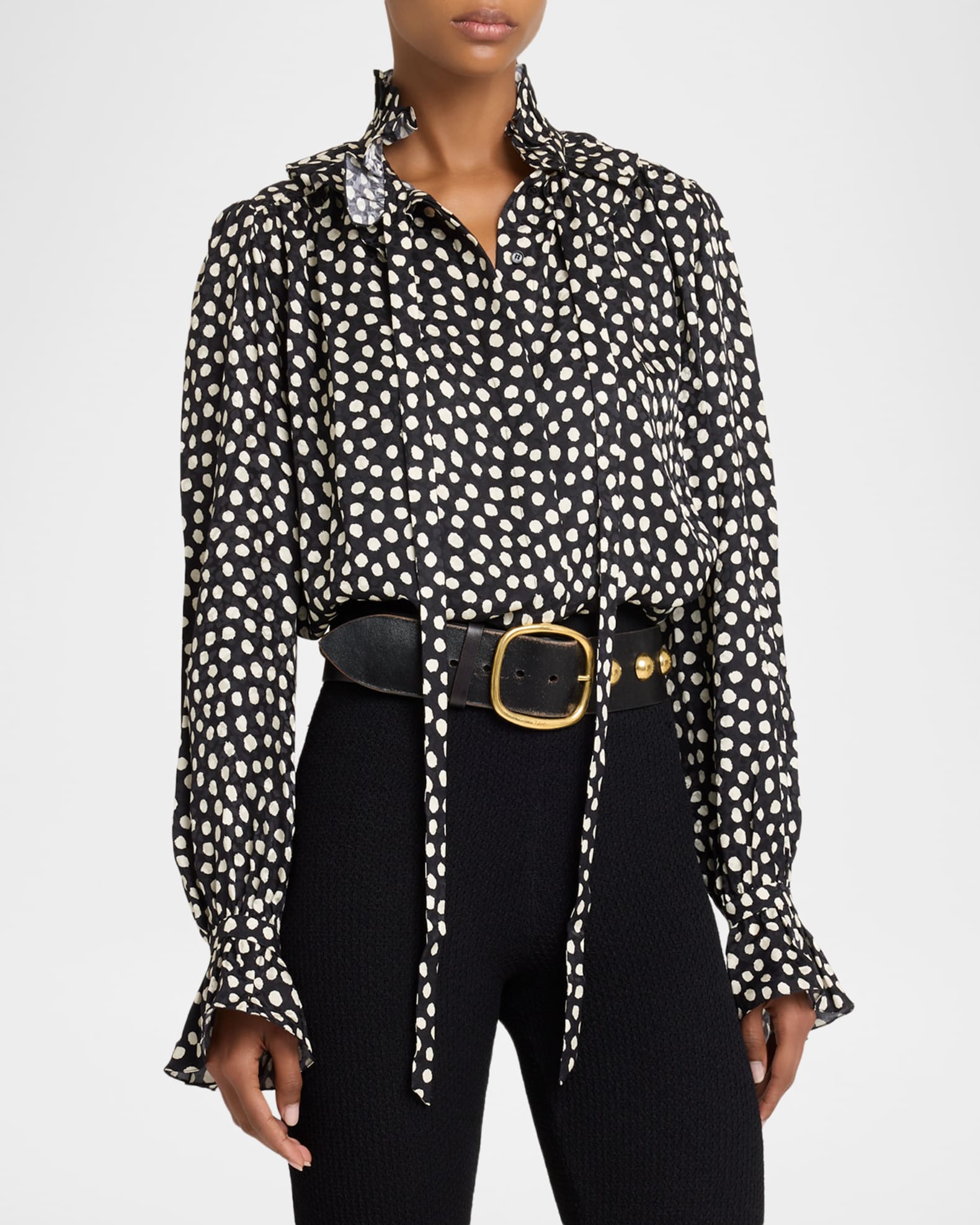 Chloe Dots-Print Silk Jacquard Ruffle Blouse | Neiman Marcus