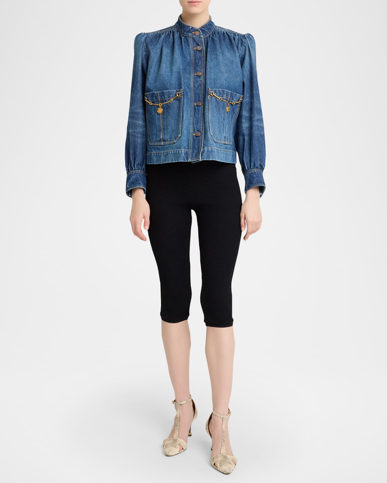 Chloe Horse-Pendant Gathered Denim Jacket | Neiman Marcus