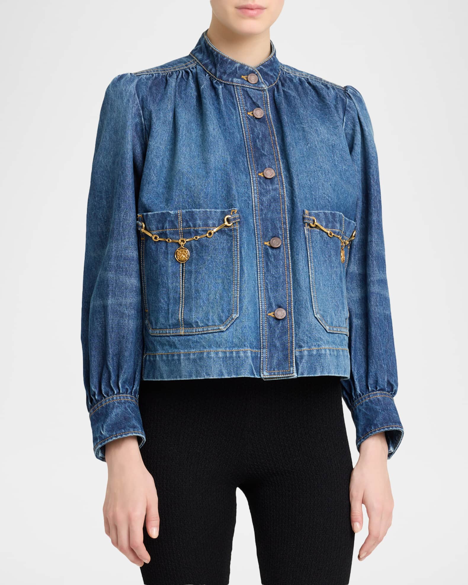 Chloe Horse-Pendant Gathered Denim Jacket | Neiman Marcus