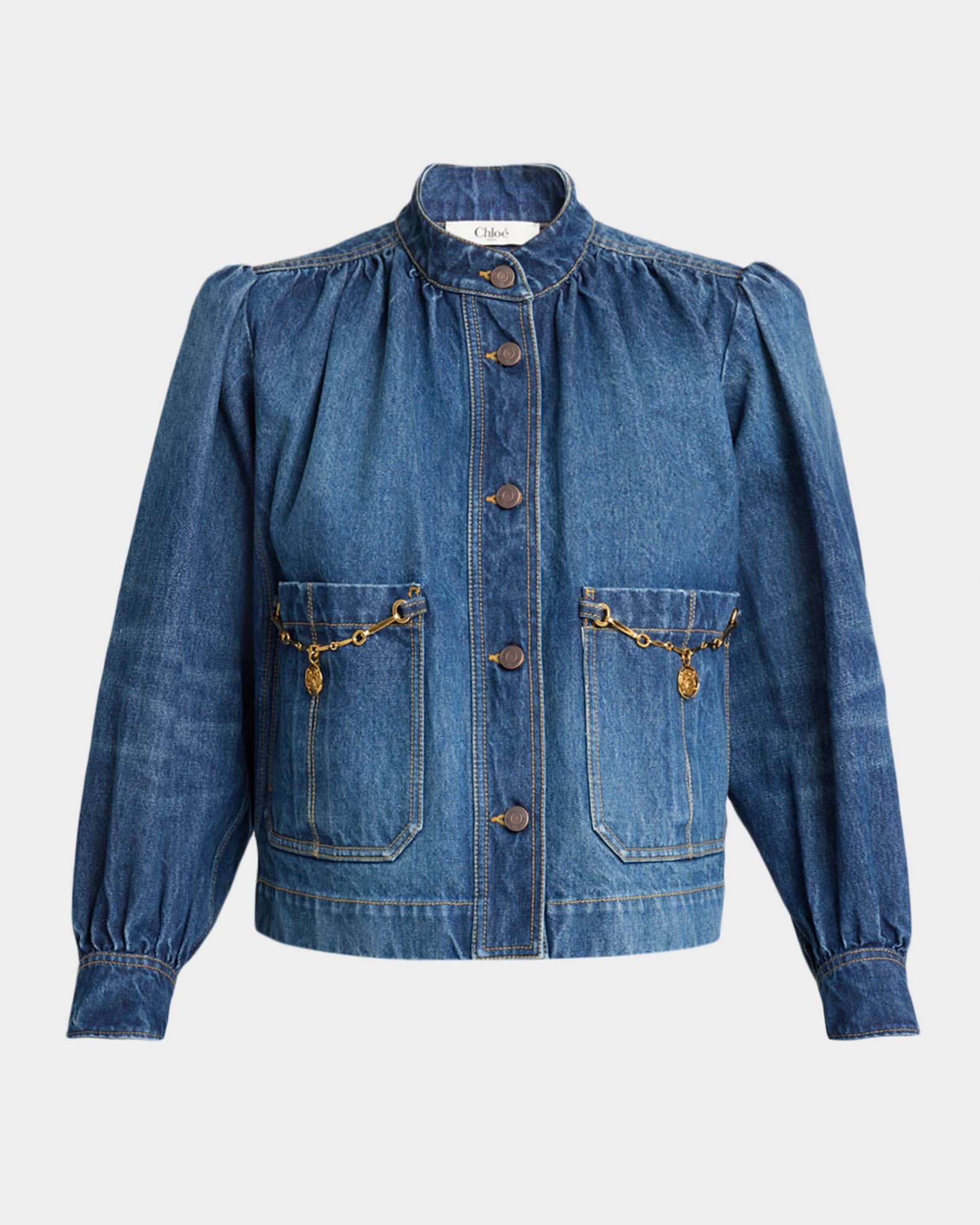 Chloe Horse-Pendant Gathered Denim Jacket | Neiman Marcus