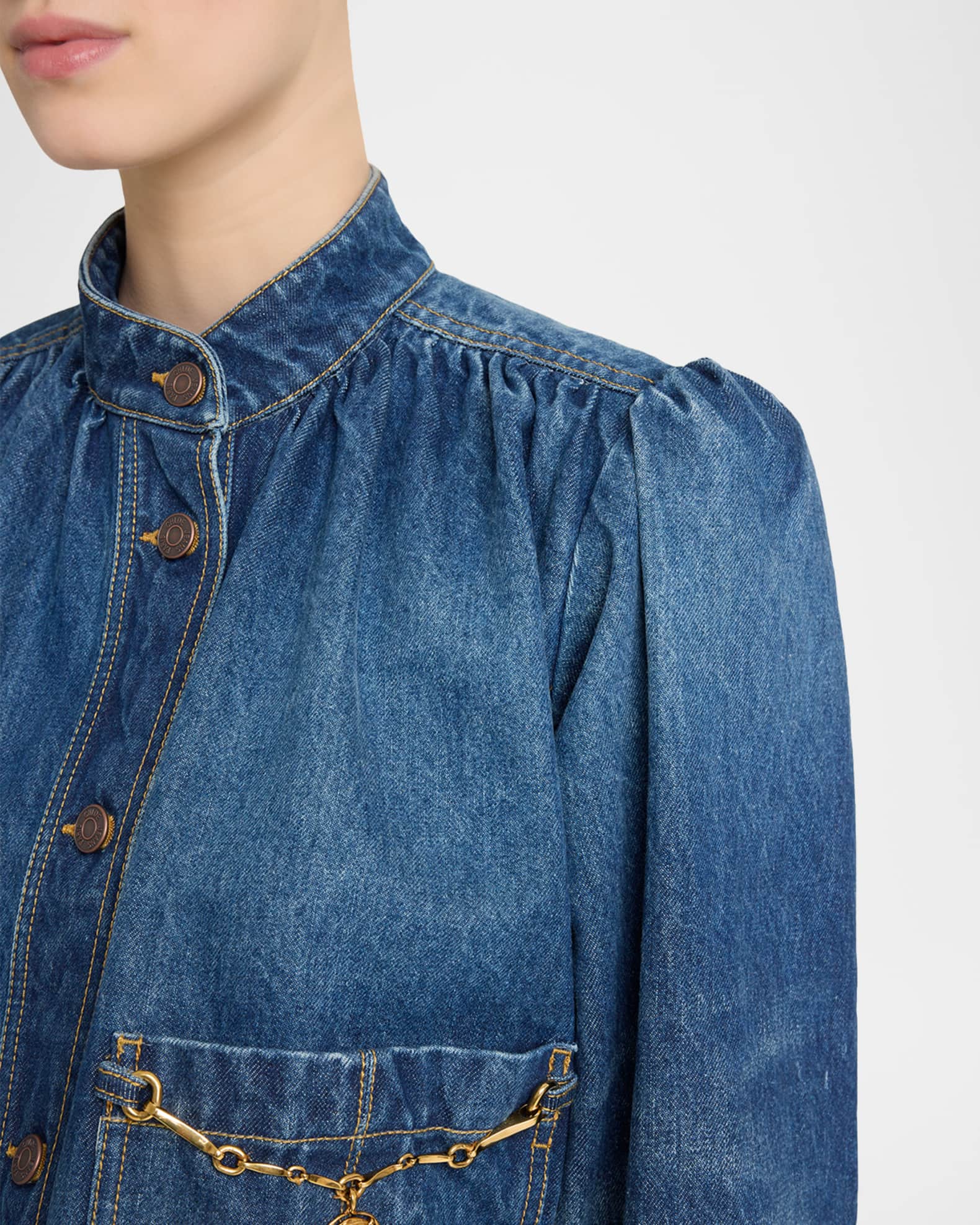 Chloe Horse-Pendant Gathered Denim Jacket | Neiman Marcus