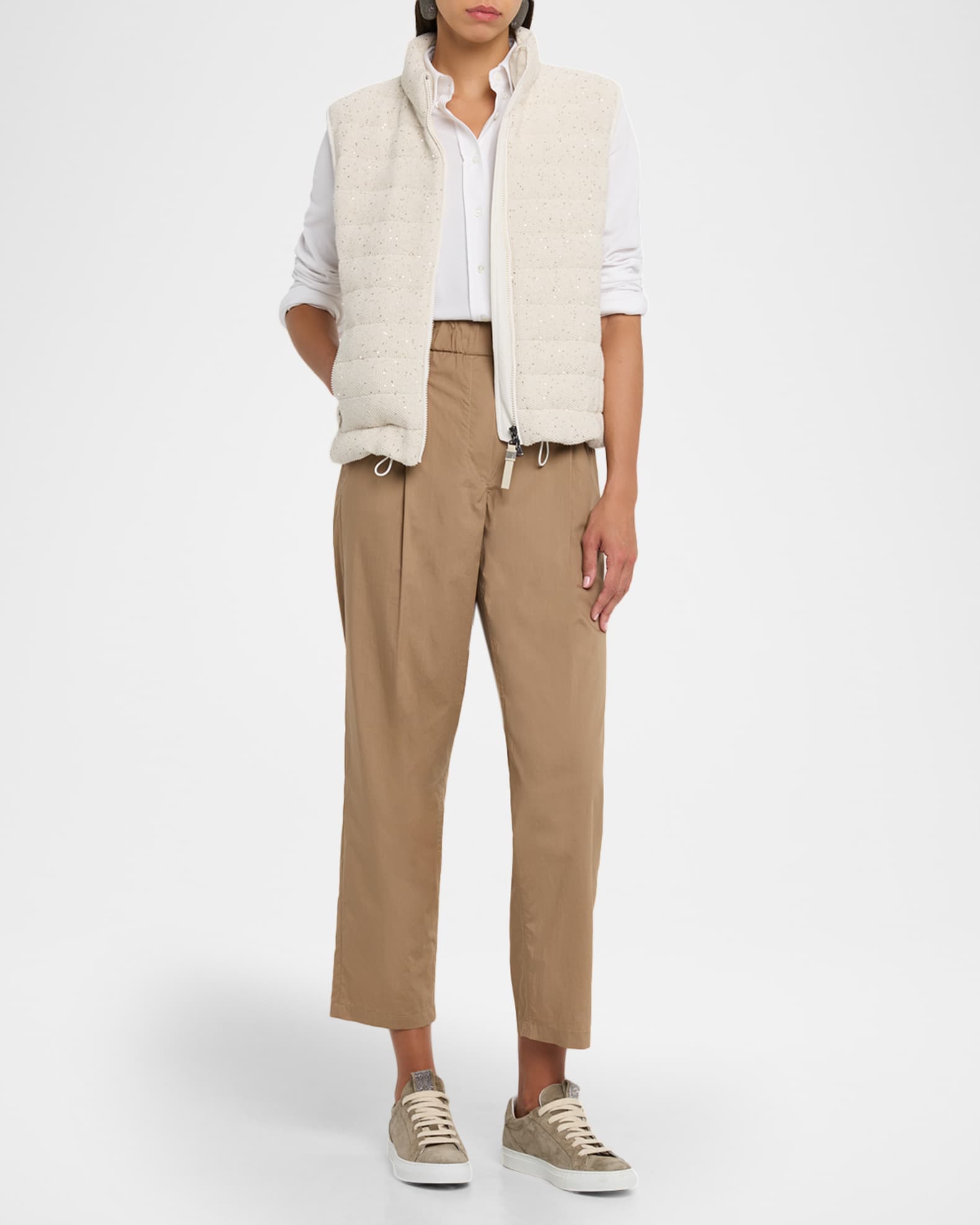 Brunello Cucinelli Tapered Lightweight Poplin Crop Pants | Neiman Marcus