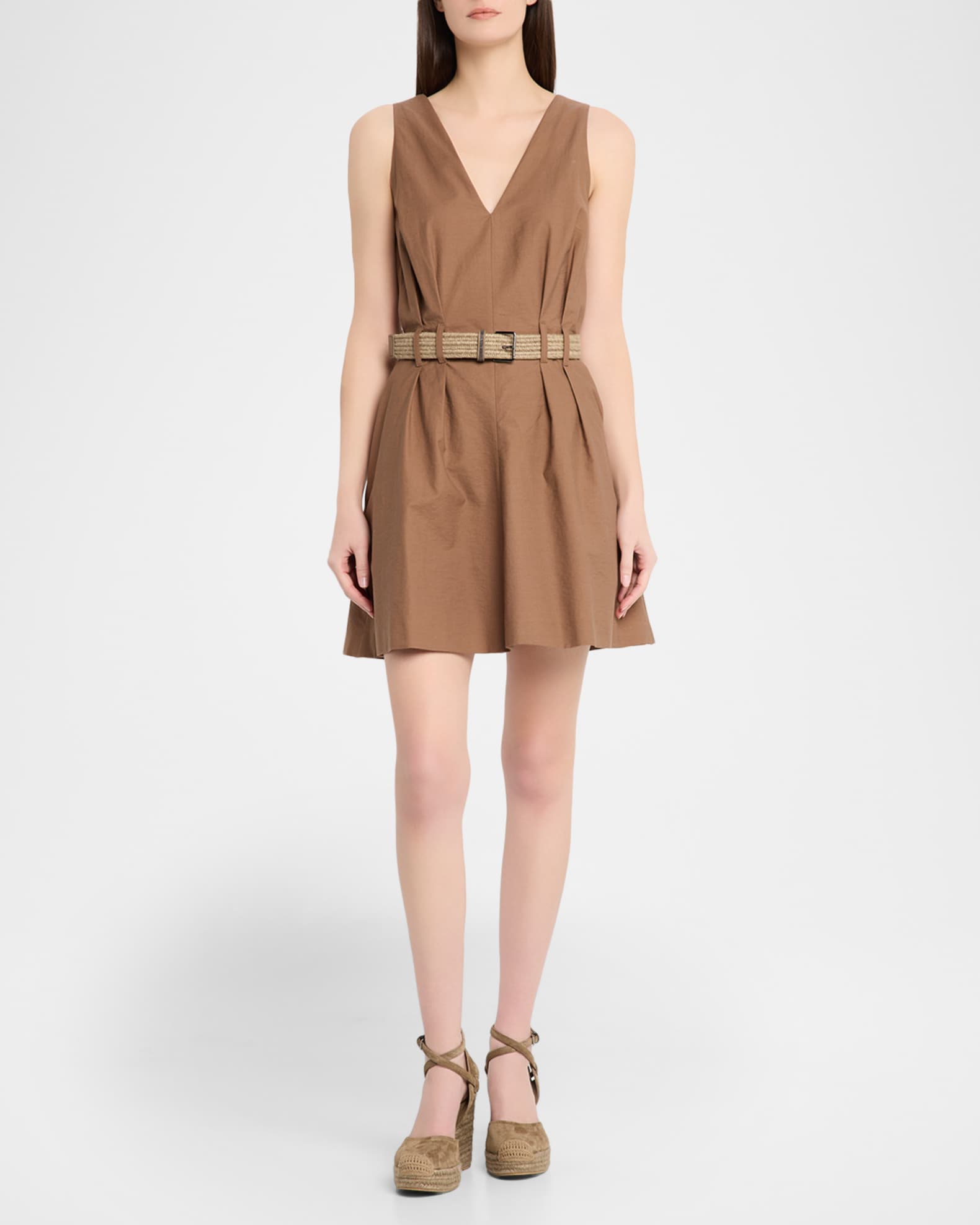 Brunello Cucinelli Crispy Diagonal Cotton Belted Mini Dress | Neiman Marcus
