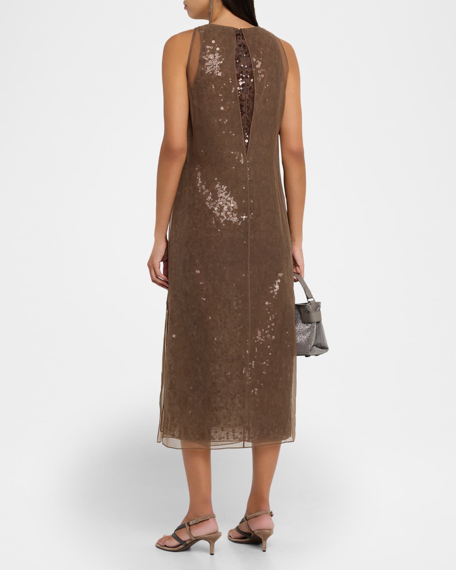 Brunello Cucinelli Sequined Crispy Silk Chiffon Layered Midi Dress ...