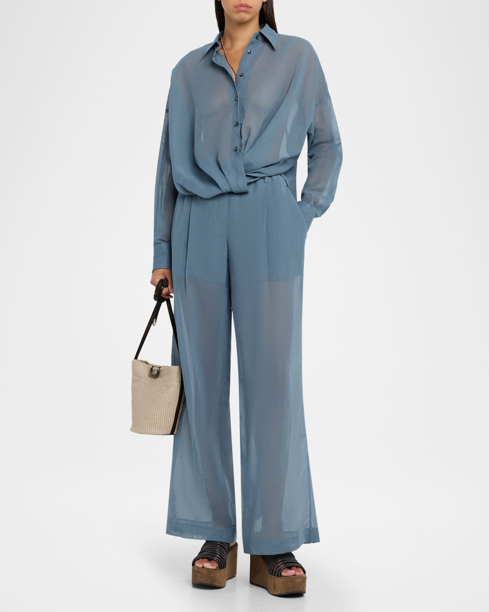 Brunello Cucinelli Twisted Sheer Cotton Button-Down Shirt | Neiman Marcus
