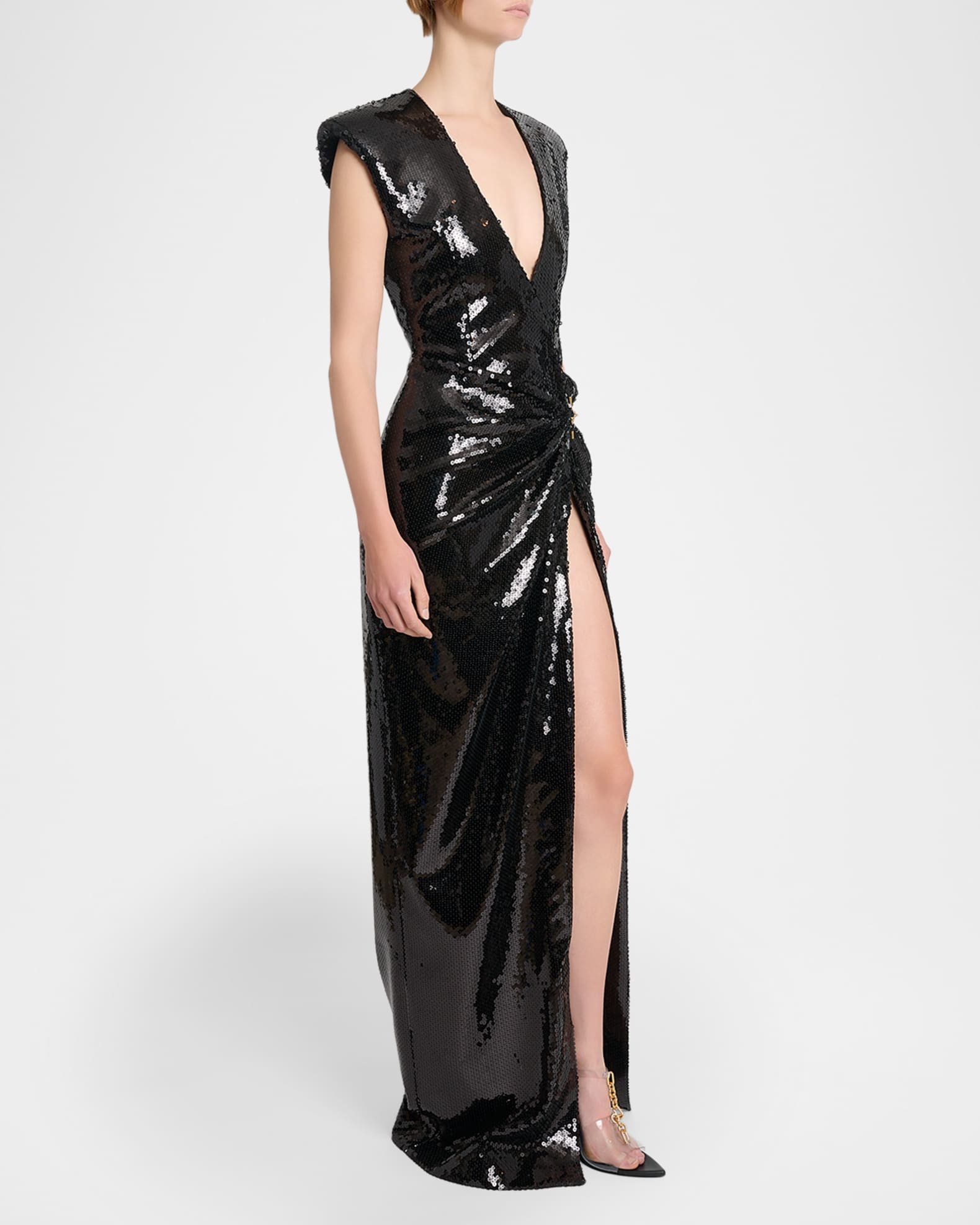 Balmain Plunging Sequined Chain Draped Wrap Gown | Neiman Marcus