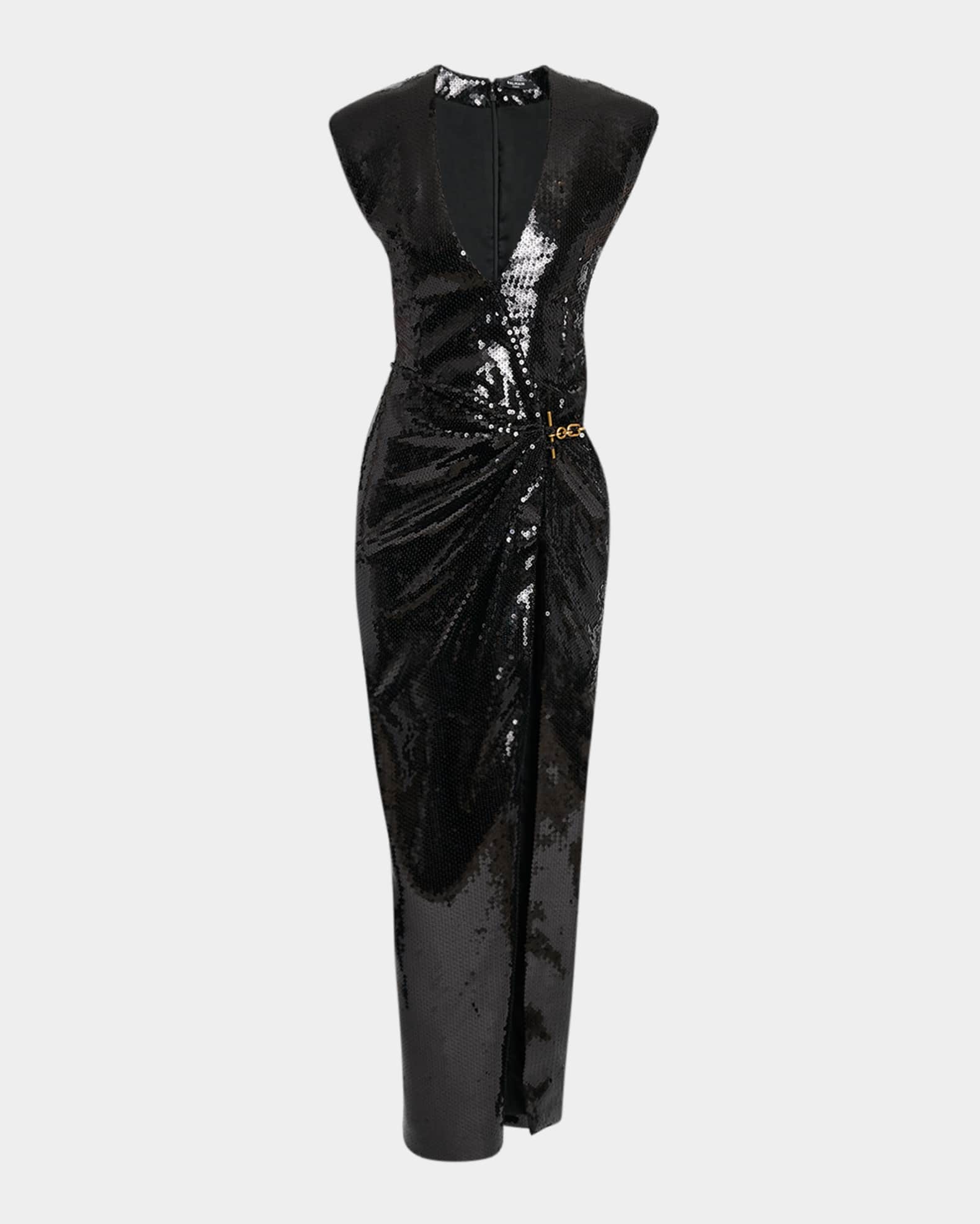 Balmain Plunging Sequined Chain Draped Wrap Gown | Neiman Marcus