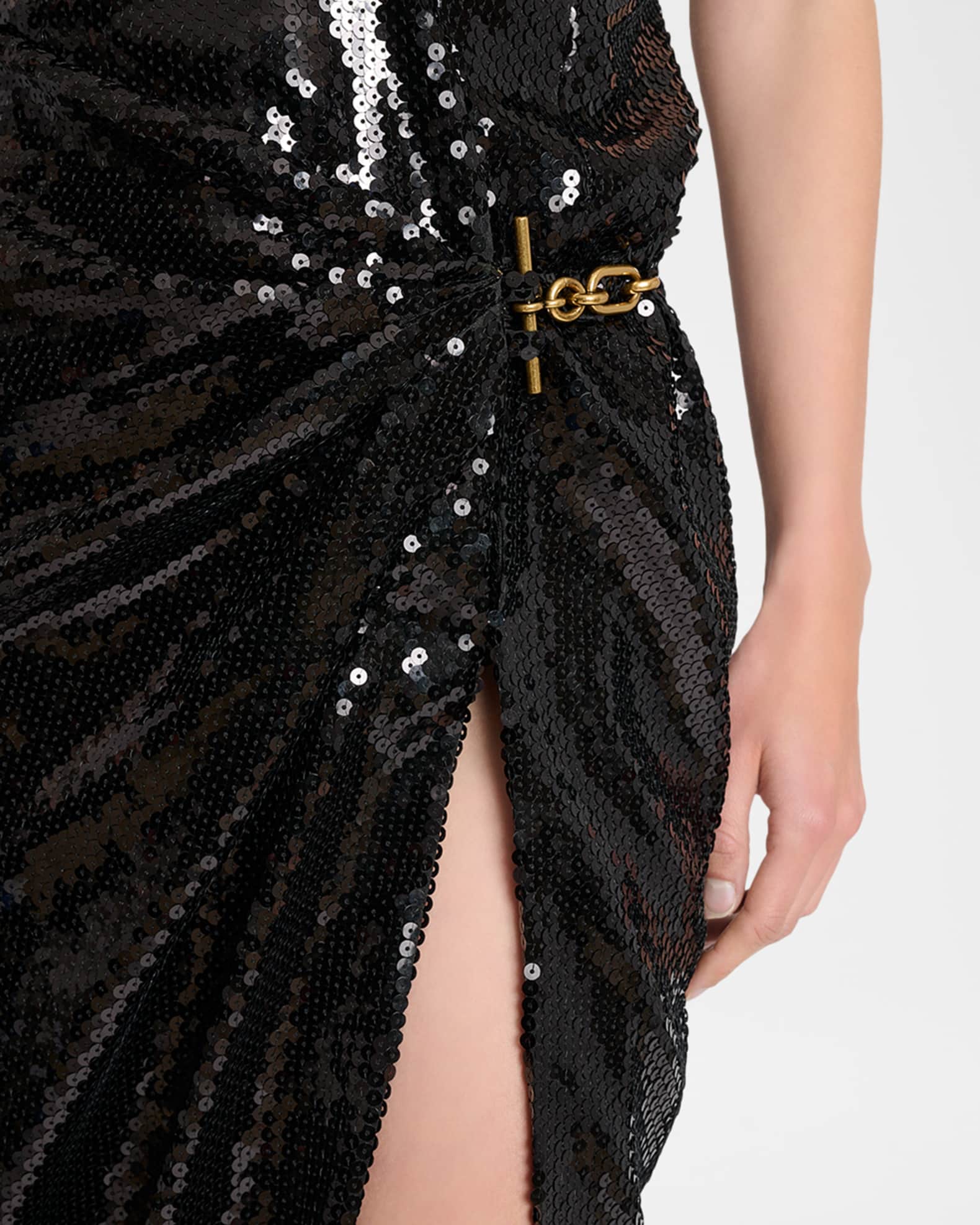 Balmain Plunging Sequined Chain Draped Wrap Gown | Neiman Marcus