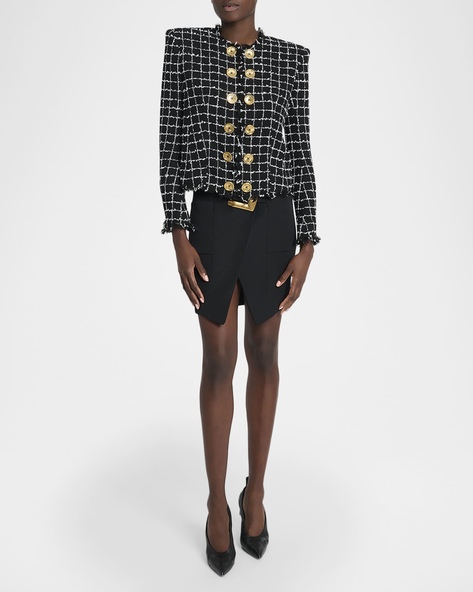 Balmain Buttoned Check Tweed Jacket | Neiman Marcus