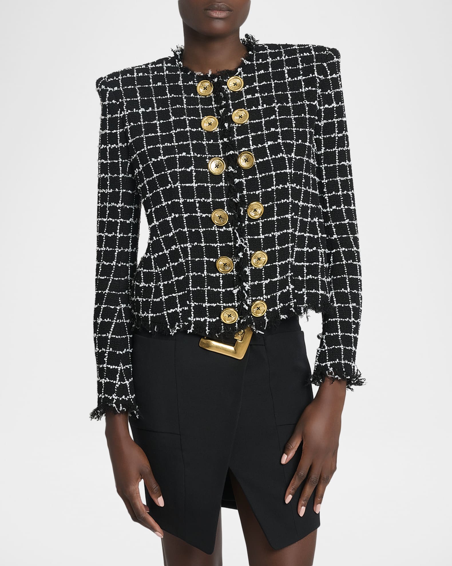 Balmain Buttoned Check Tweed Jacket | Neiman Marcus