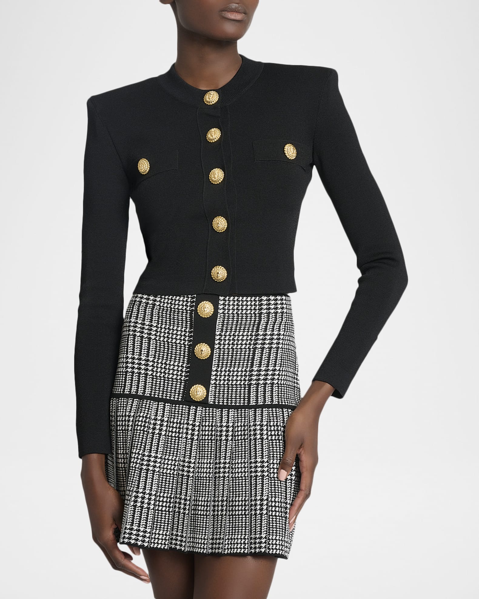 Balmain Buttoned Strong-Shoulder Knit Crop Jacket | Neiman Marcus